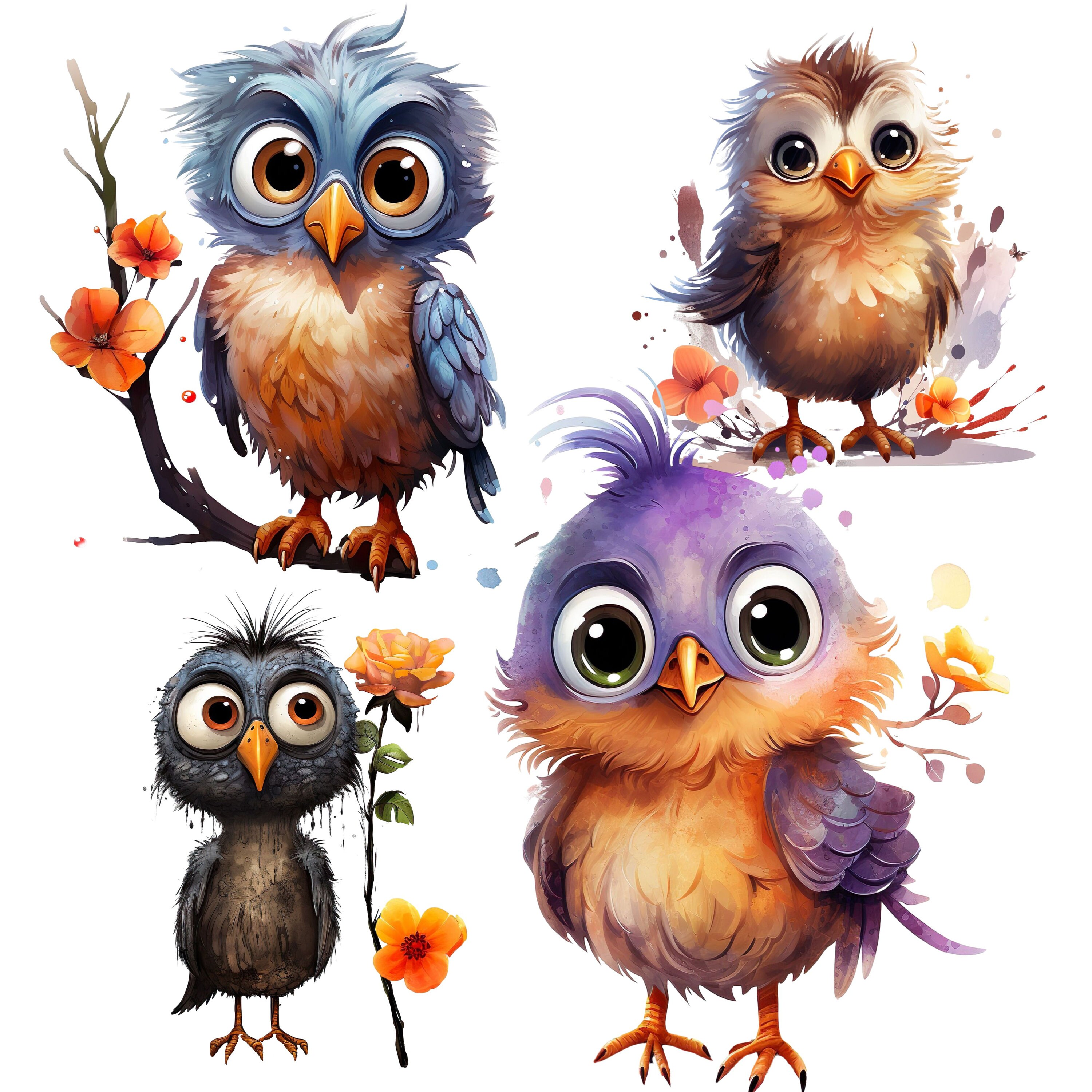Funny Bird Clipart, Digital Download, Crazy Animal Flower Clip Art, 18 ...