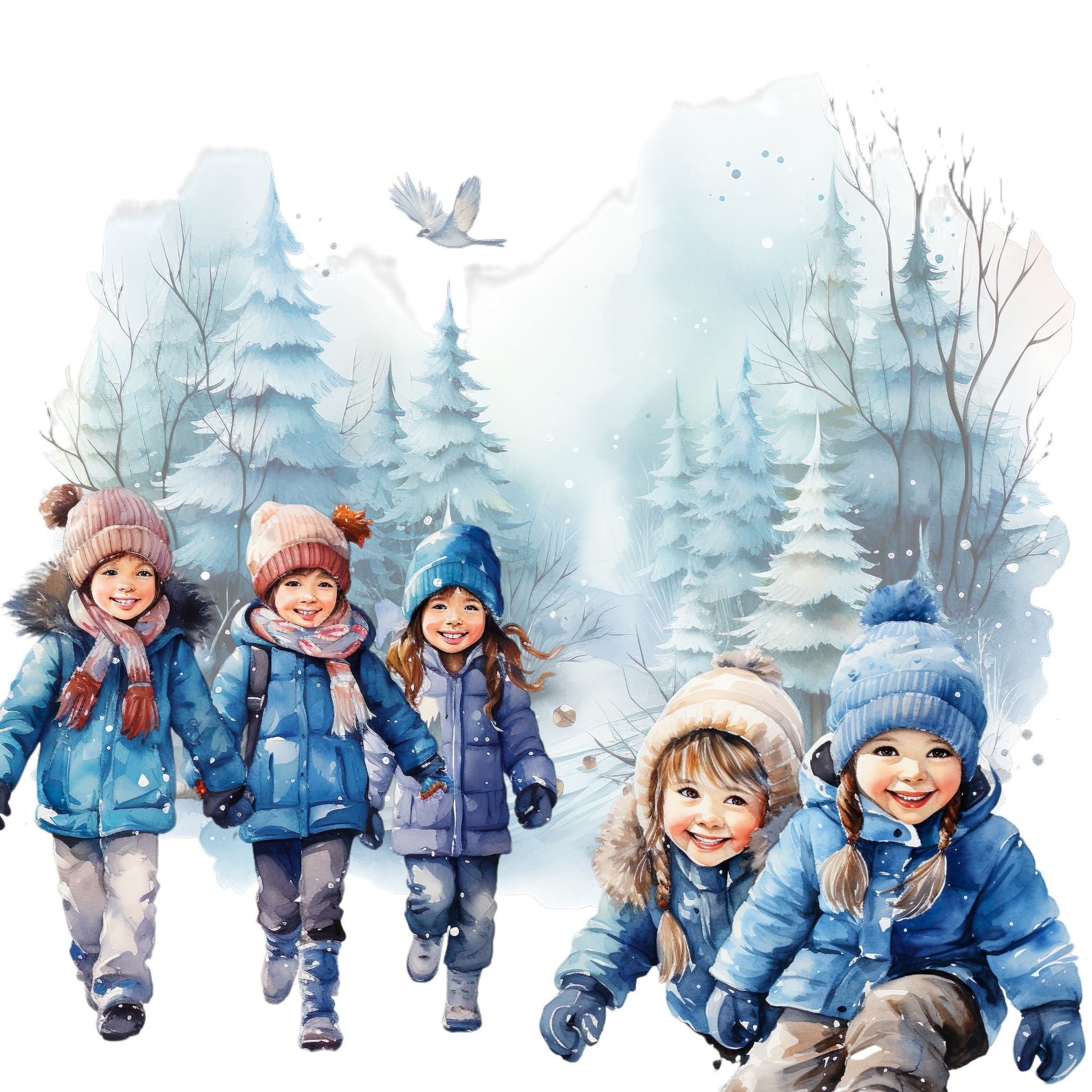 Children and Forest Animals Snow Watercolor in a Winter Scene Kids ...