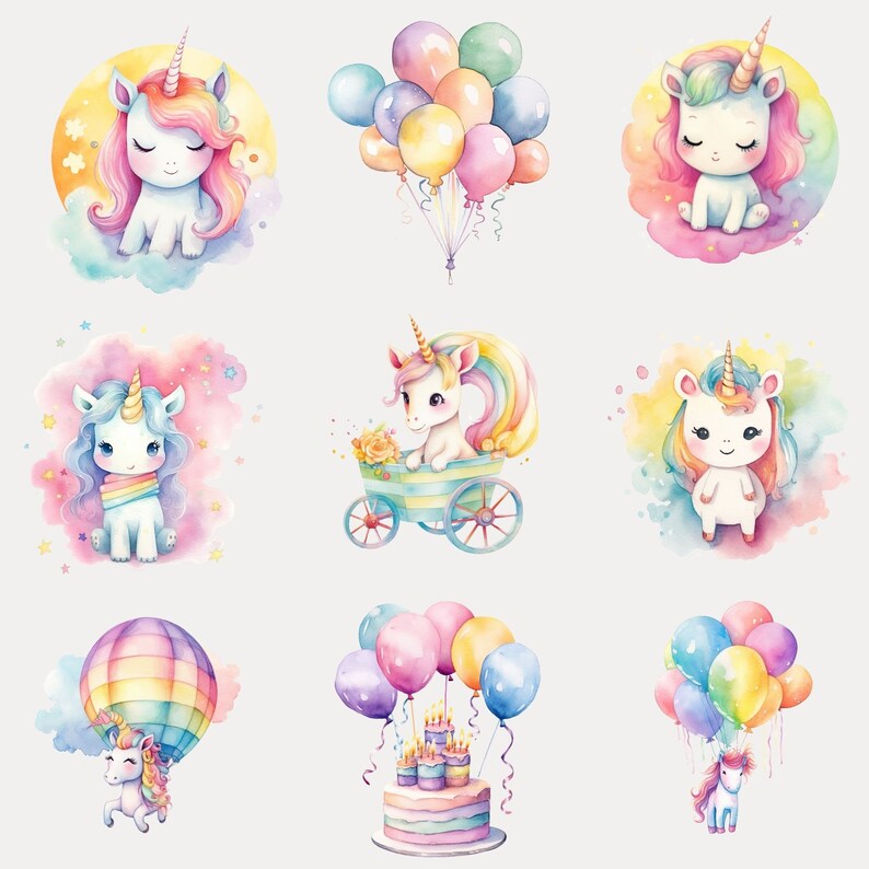 Watercolor Magical Unicorn 45 Clipart Bundle Cute Kawaii Unicorn Clip ...
