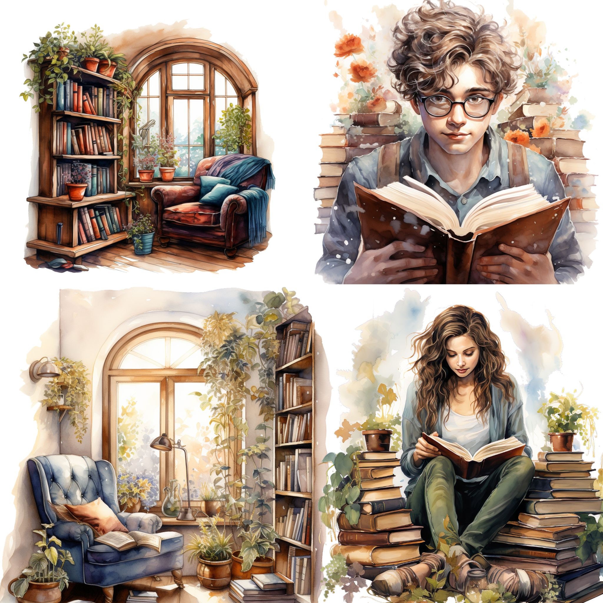 Booklover Clipart Cozy Reading Watercolor PNG Bookworm Books and ...