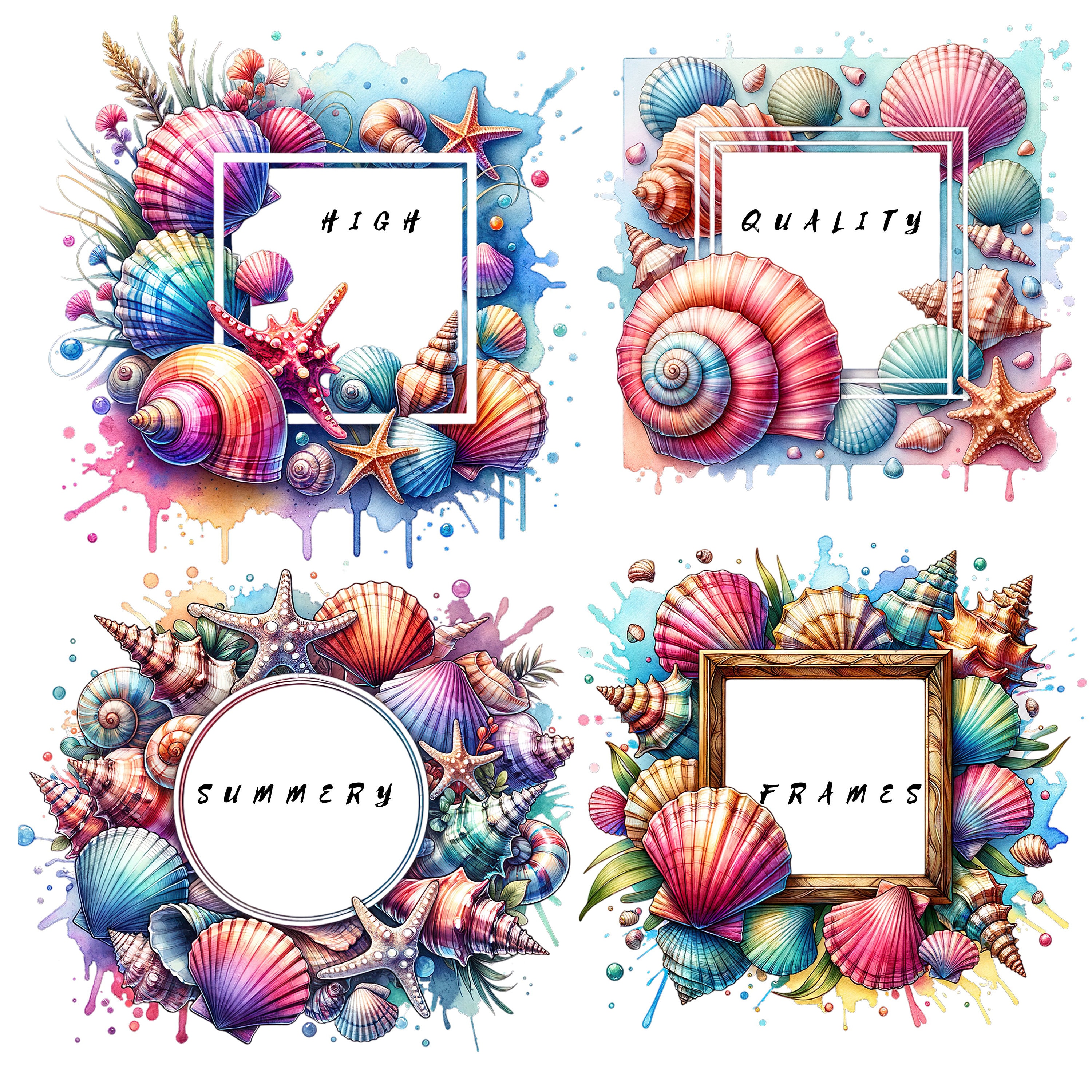 Shells Frame Clipart Mermaid PNG Seashell Frame Digital Clipart Coral ...