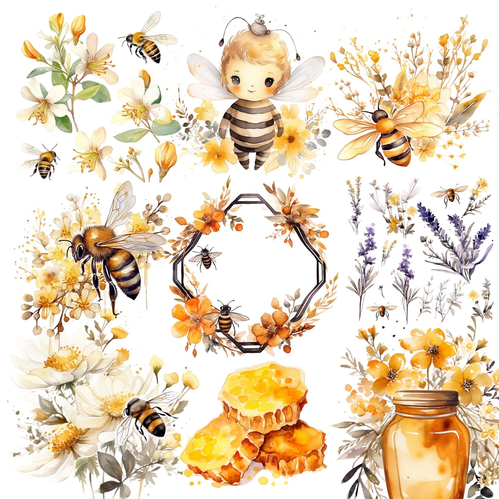 Honey Bee Clipart Watercolor Floral Bee PNG Bundle Beehive Honeycomb ...