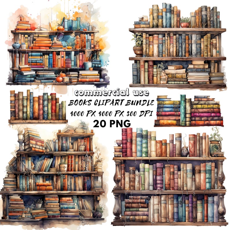 90 Books Clipart Bundle Watercolor Stack of Books Bookshelf Library ...