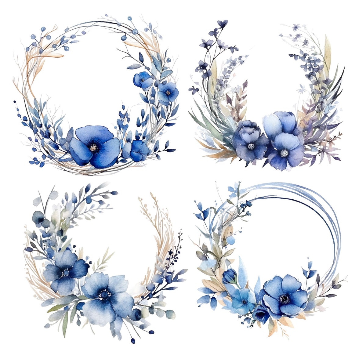 30 Dusty Blue Neutral Wild Flowers PNG, Watercolor Floral Clipart ...
