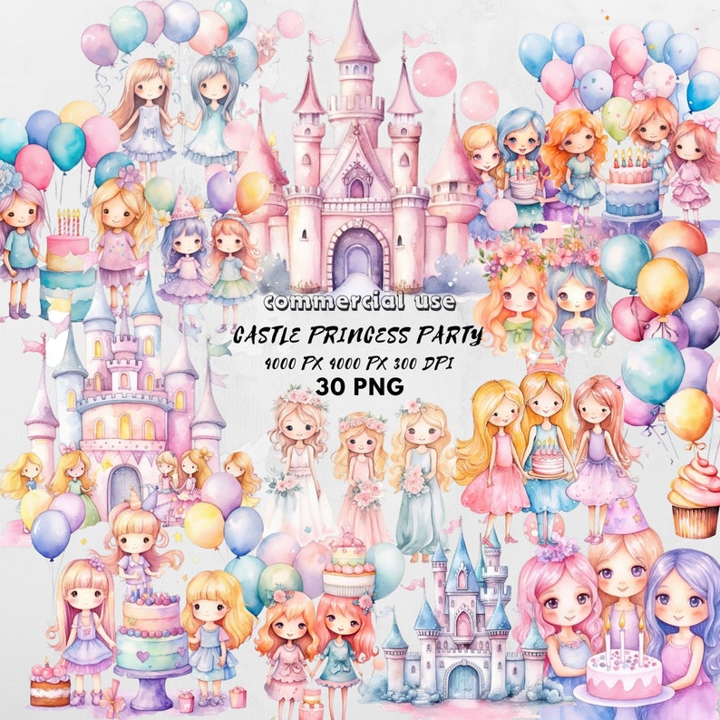 Watercolor Princess Magic Castle Clipart Bundle Pink Colored Cute ...