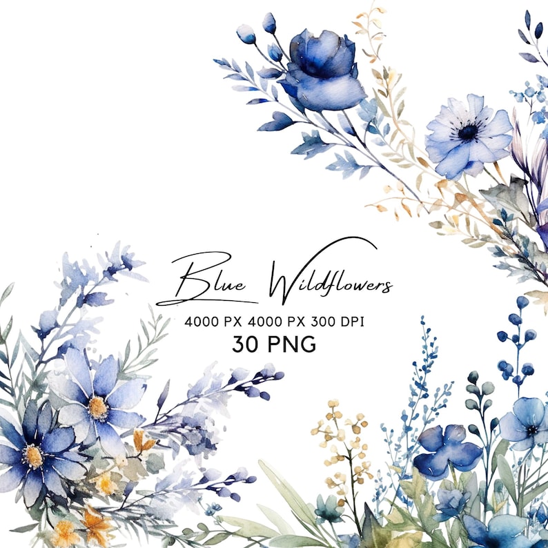 30 Dusty Blue Neutral Wild Flowers PNG, Watercolor Floral Clipart ...