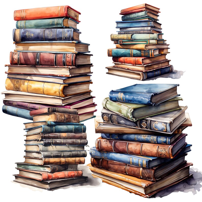 90 Books Clipart Bundle Watercolor Stack of Books Bookshelf Library ...