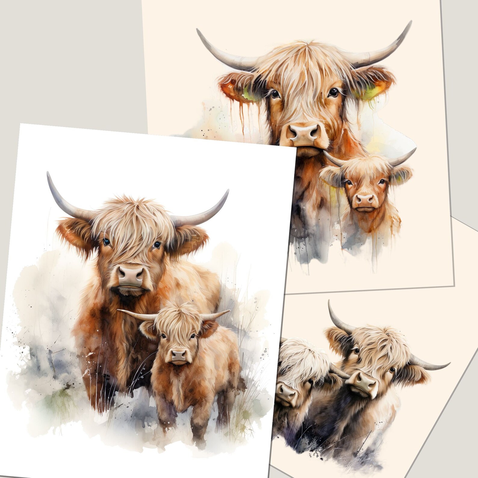 Highland Cow Family Clipart Buffalo PNG Bundle Watercolor Cute Scottish ...