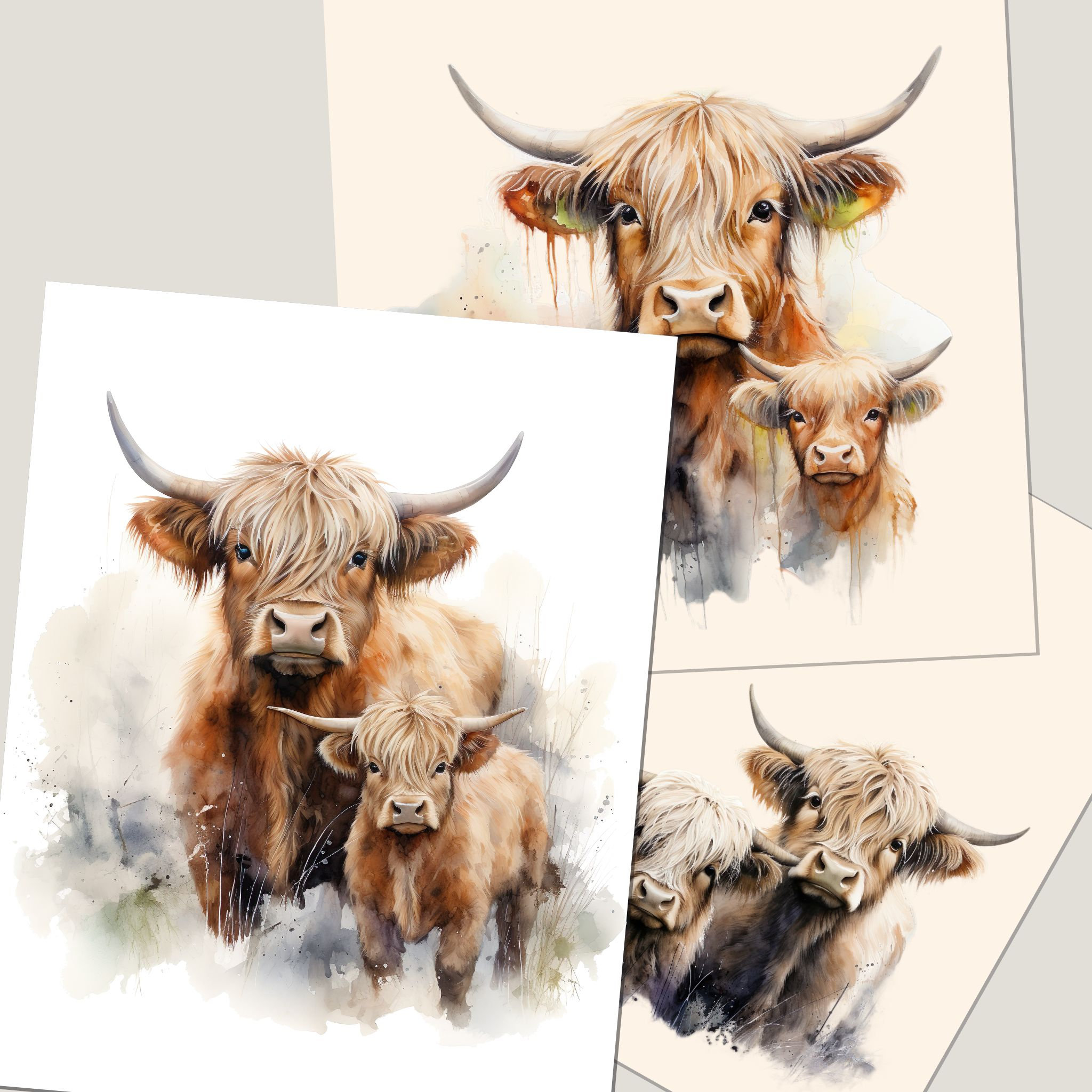 Highland Cow Family Clipart Buffalo PNG Bundle Watercolor Cute Scottish ...