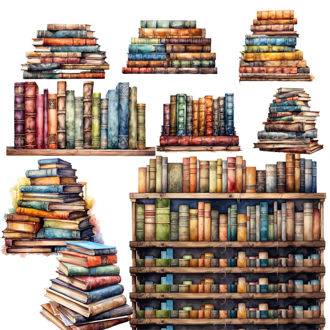 42 Books Clipart Watercolor Stack of Books Clipart Bundle PNG Book ...