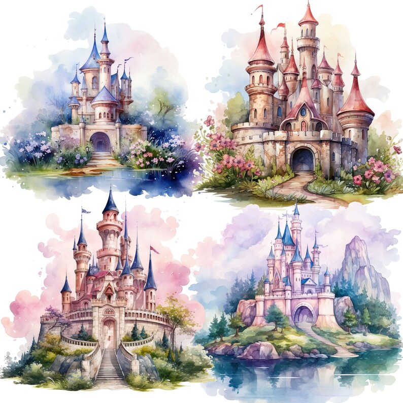 Castle PNG Bundle Fairy Pink Princess & Magic Watercolor Castle Clipart ...