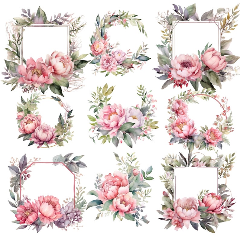 Blush Pink Peony Floral Clipart Bundle (40 PNG), Watercolor Baby Shower ...