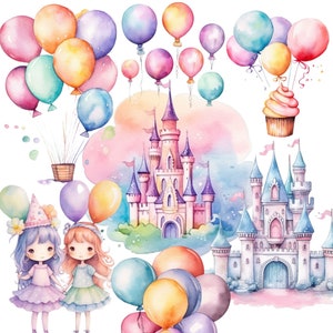Watercolor Princess Magic Castle Clipart Bundle Pink Colored Cute ...