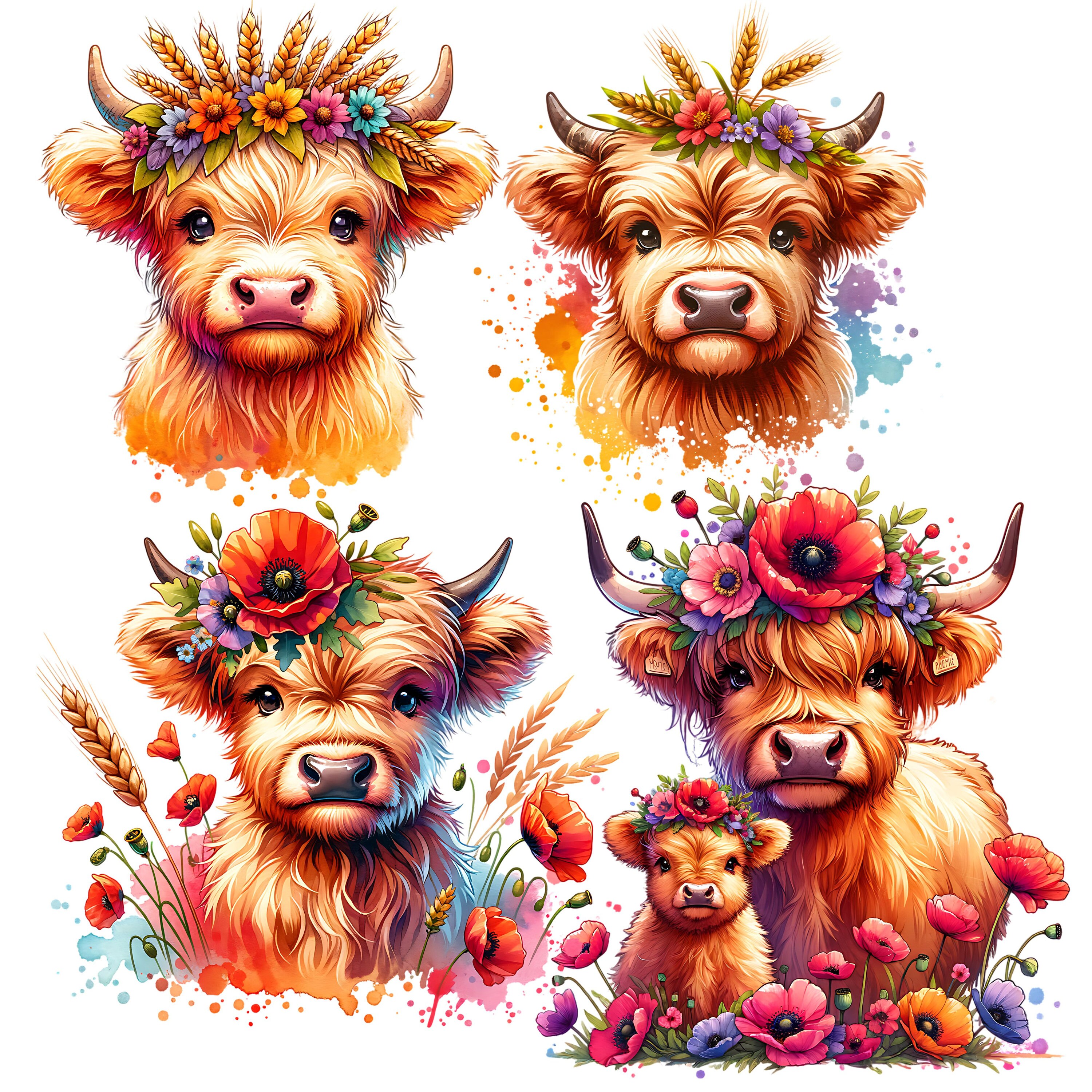 Highland Cow Poppy PNG Clipart Bundle | Nursery Art (digital Download ...