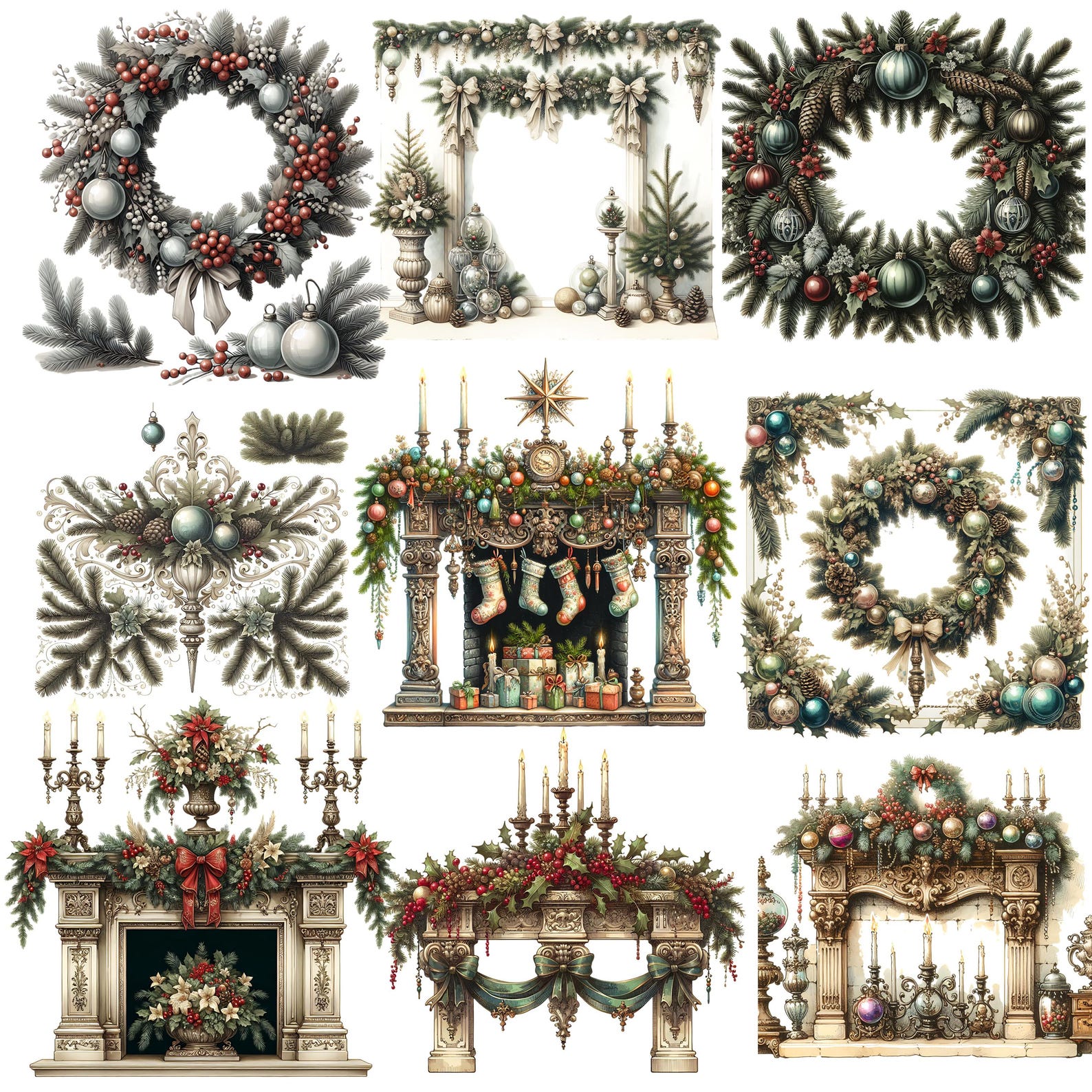 Vintage Inspired Christmas Clipart Watercolor Holly and Berries Digital ...