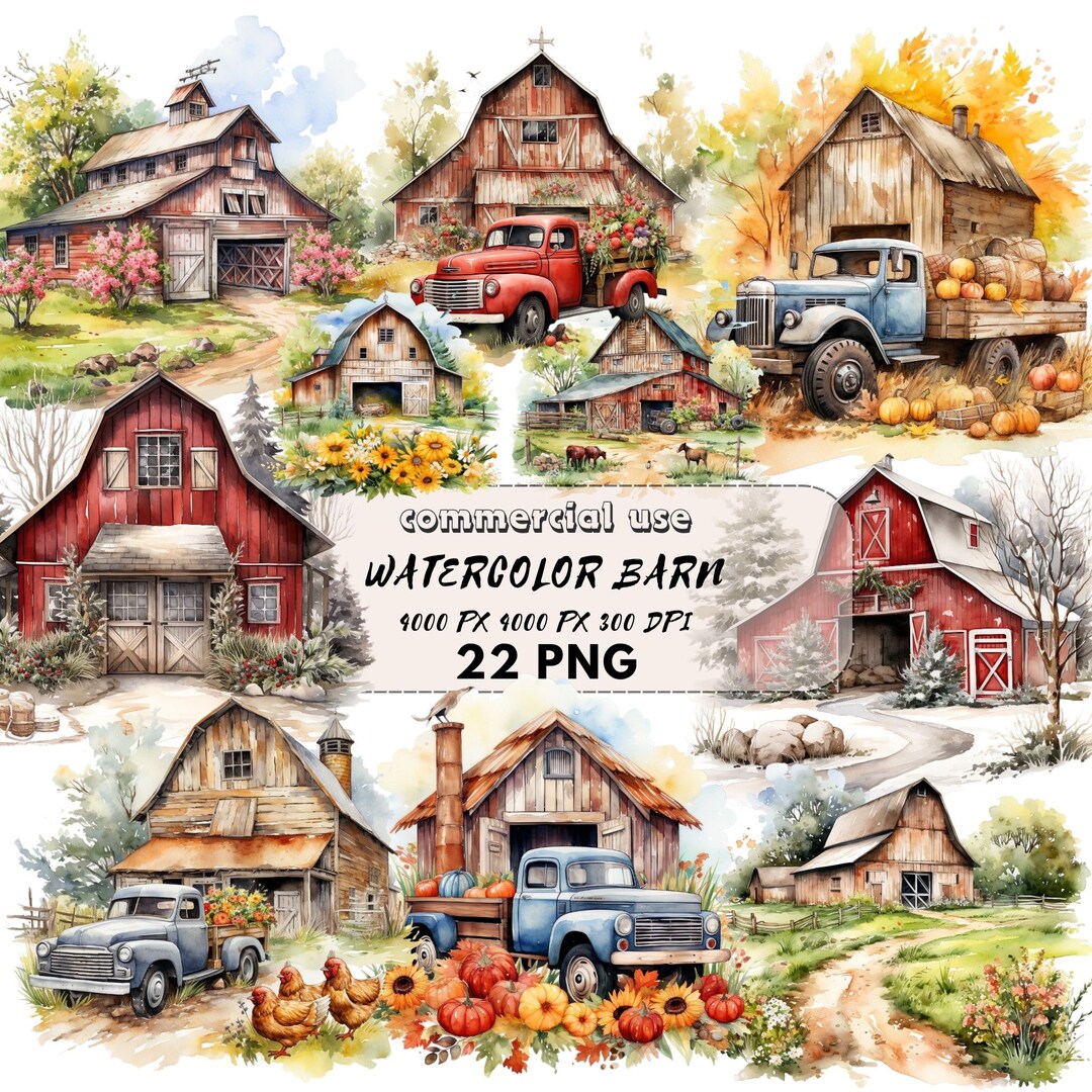Barn Farm Clipart Bundle Farm Life Animals Truck PNG Watercolor ...