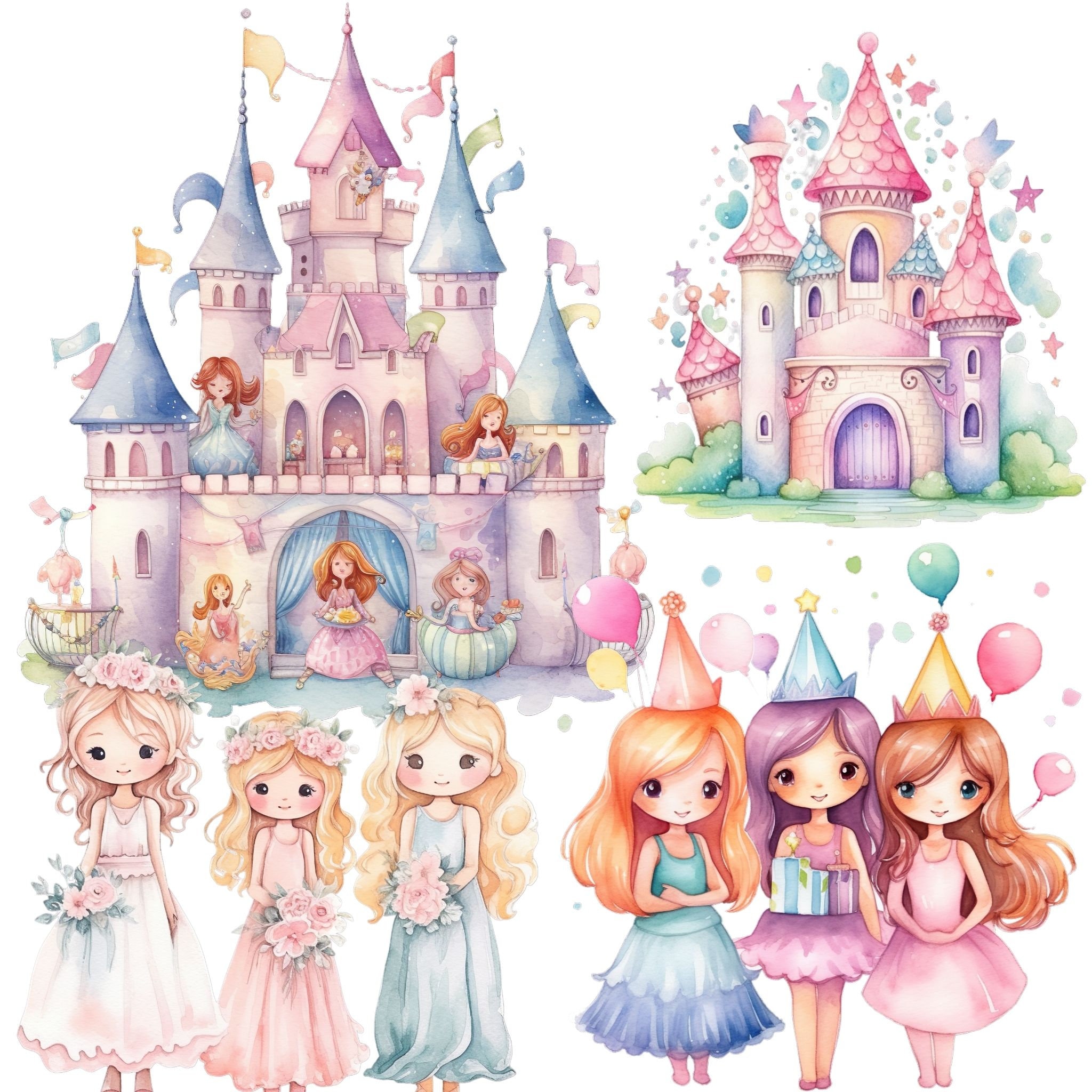 Princess Clipart Bundle Birthday Watercolor Magic Castle Pink Colored ...