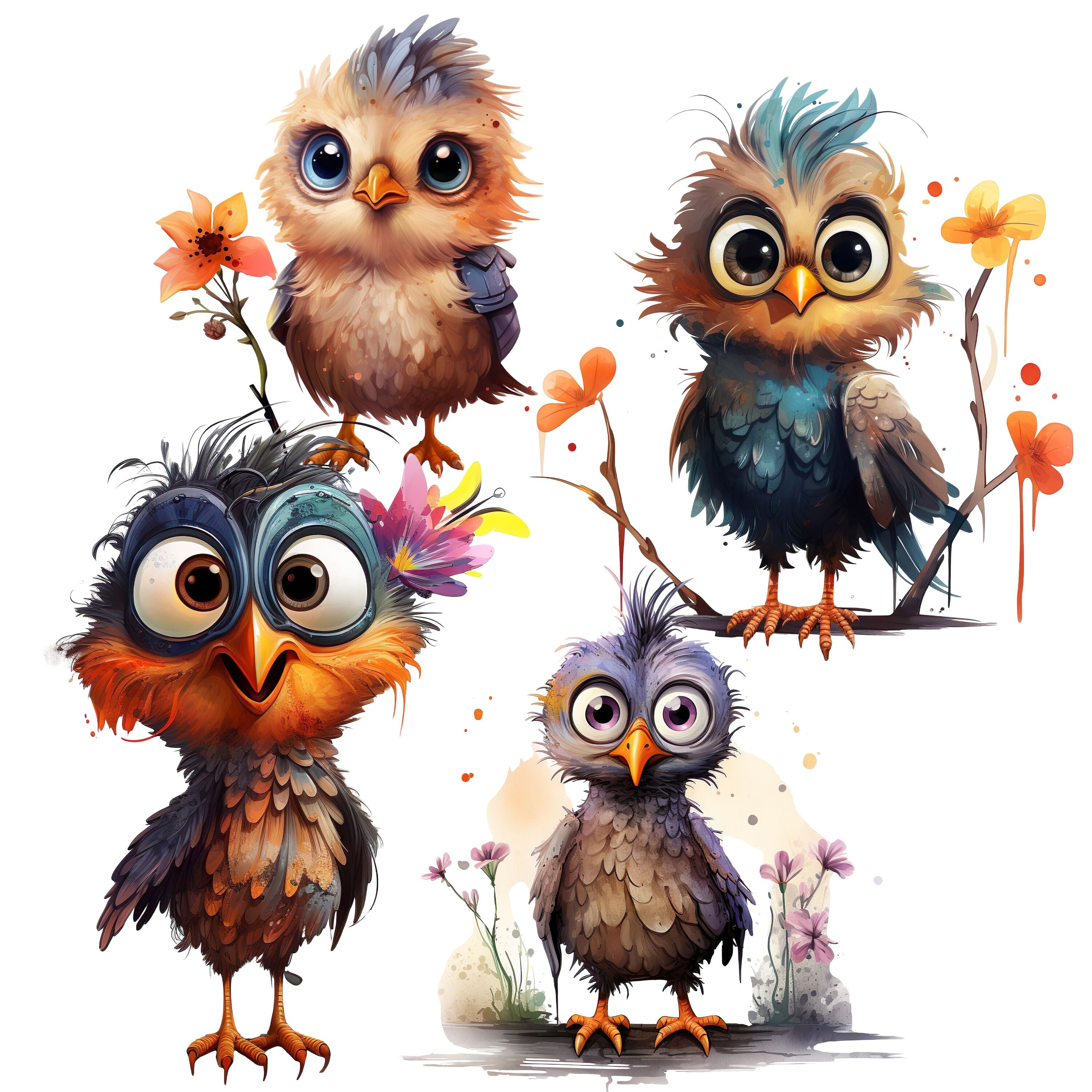 Funny Bird Clipart, Digital Download, Crazy Animal Flower Clip Art, 18 ...