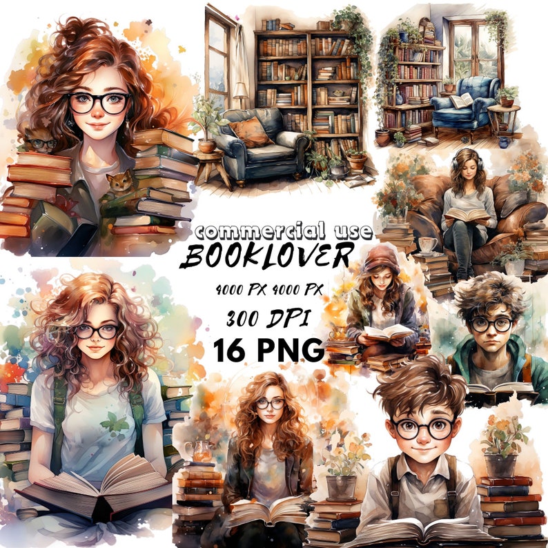 90 Books Clipart Bundle Watercolor Stack of Books Bookshelf Library ...