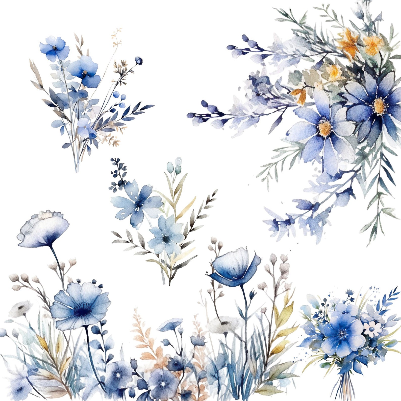 30 Dusty Blue Neutral Wild Flowers PNG, Watercolor Floral Clipart ...