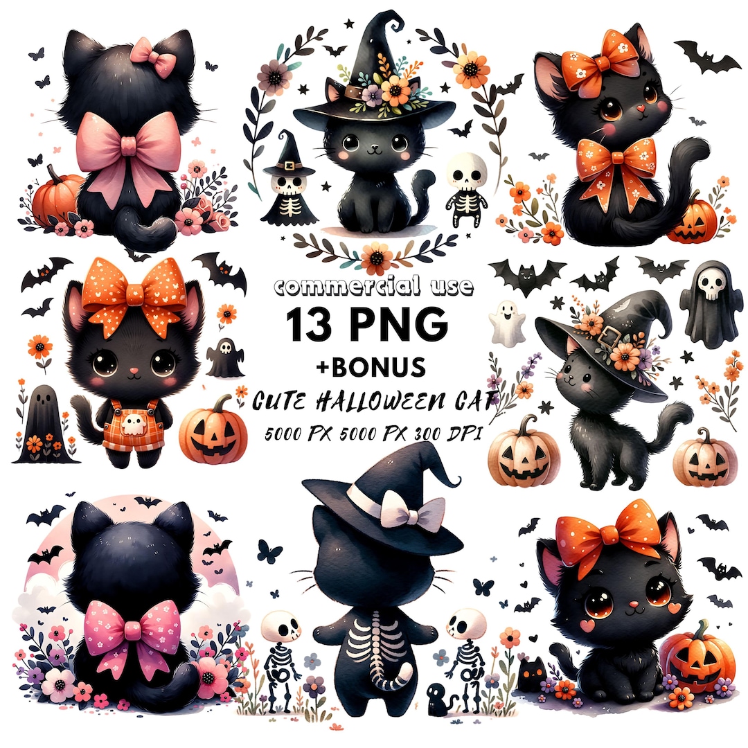 Kawaii Halloween Cat Clipart: Witch Kitty PNG (digital Download) - Etsy