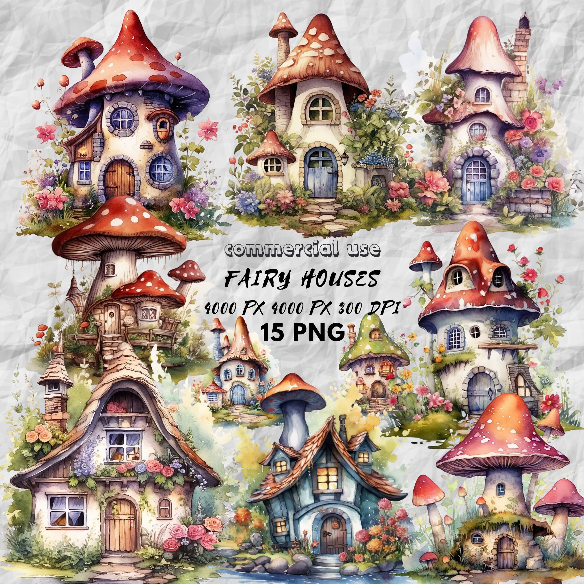 Fairy House Clipart Mushroom Garden Houses Watercolor Graphics PNG ...