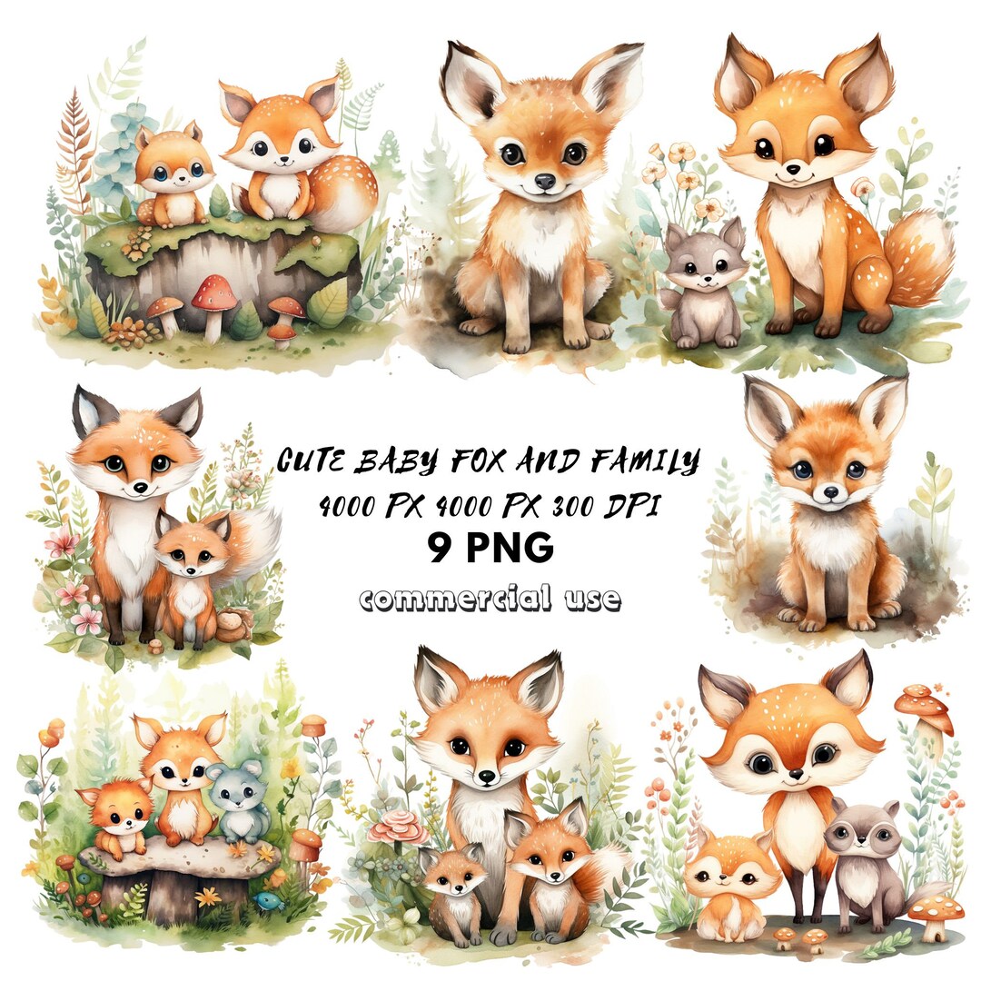 Cute Baby Fox Clipart - Watercolor Fox Images - Baby Shower Decor ...