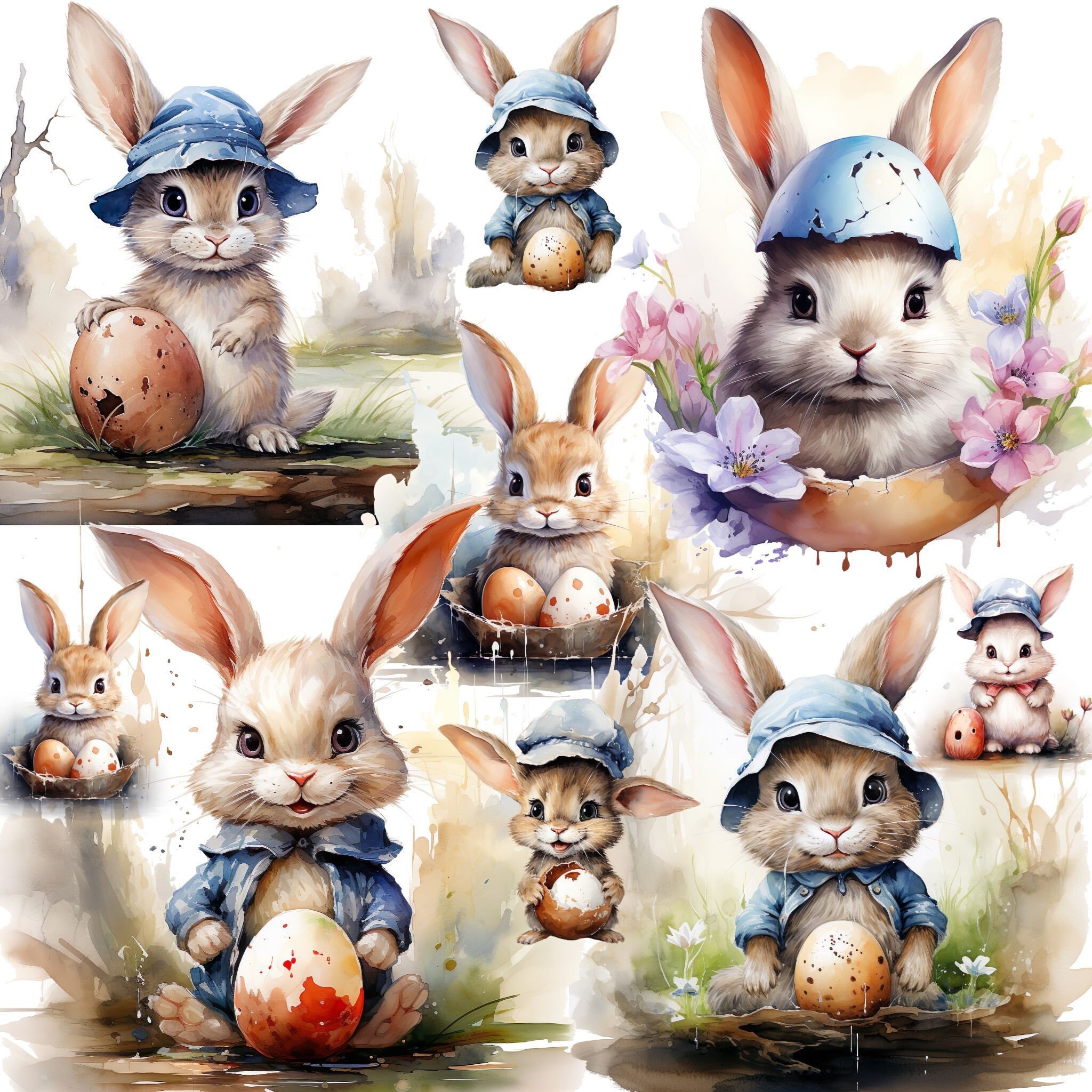 Cute Easter Bunny Clipart Bundle Floral Spring Holiday Easter Egg Hare ...