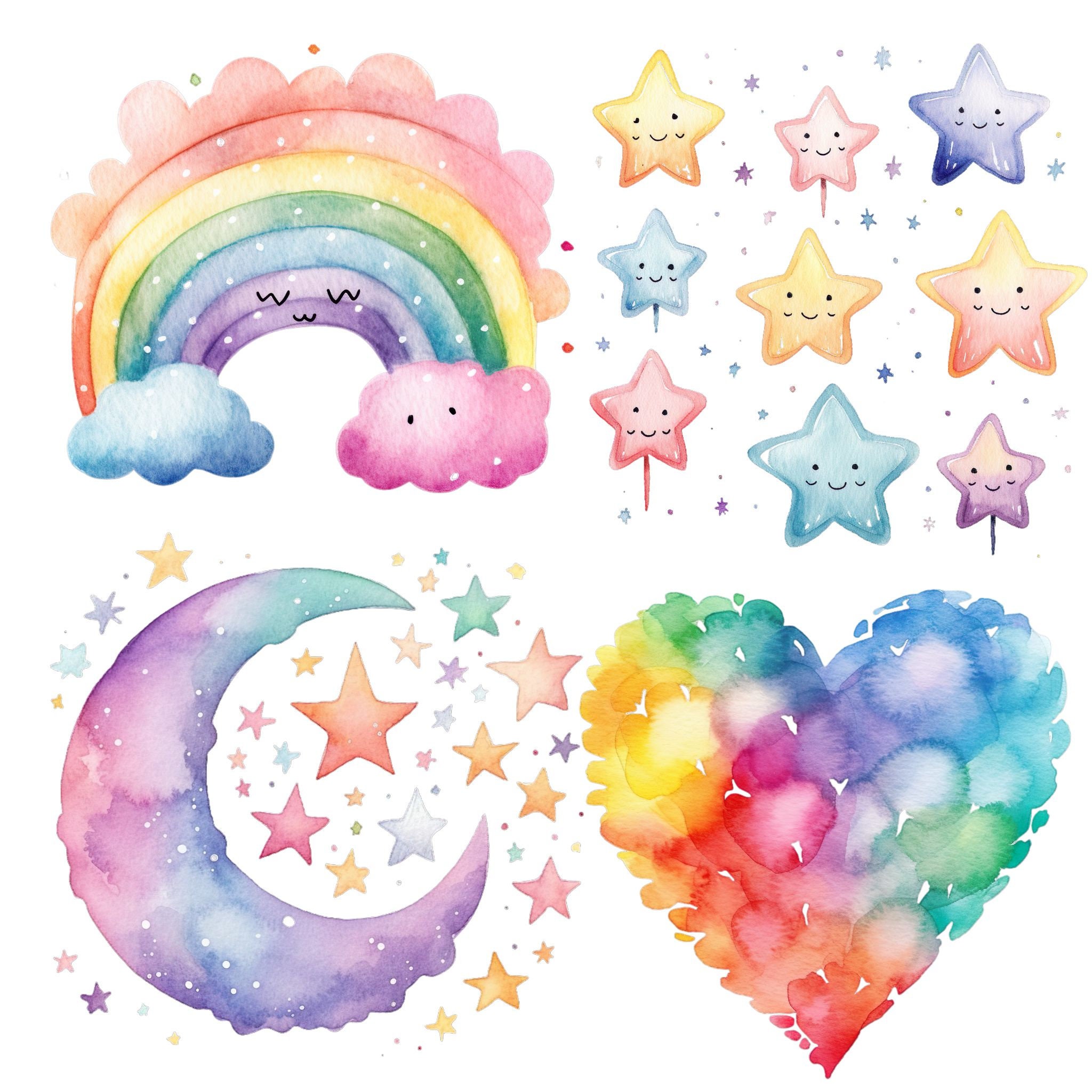 Watercolor Pastel Rainbow Colored Cute Clipart Moon Cloud Stars Hearts ...