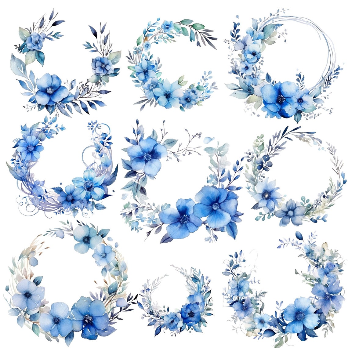 Blue Flowerful Watercolor Clipart Bundle Blue Wild Floral Wreaths ...