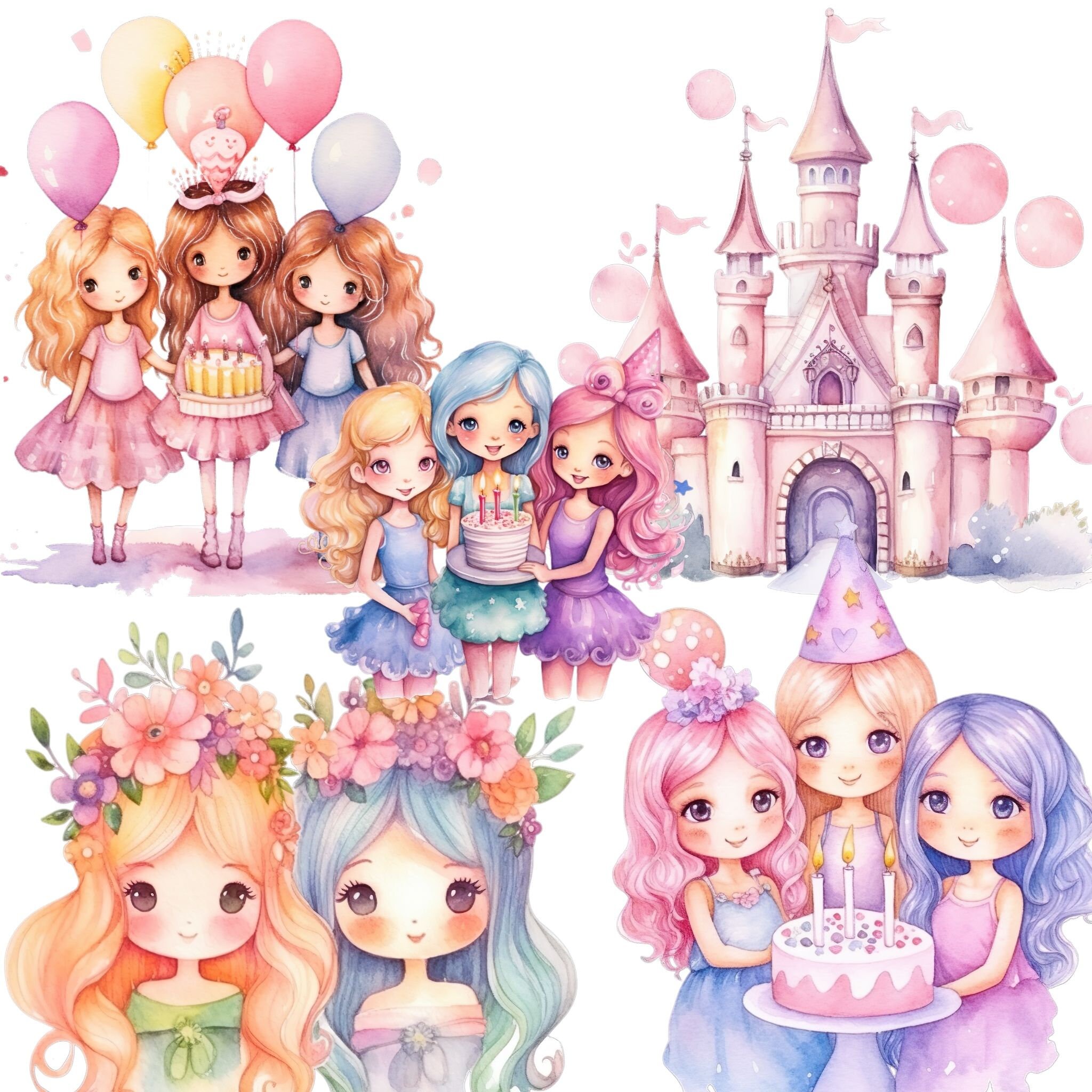 Princess Clipart Bundle Birthday Watercolor Magic Castle Pink Colored Cute Princess Fairytale ...