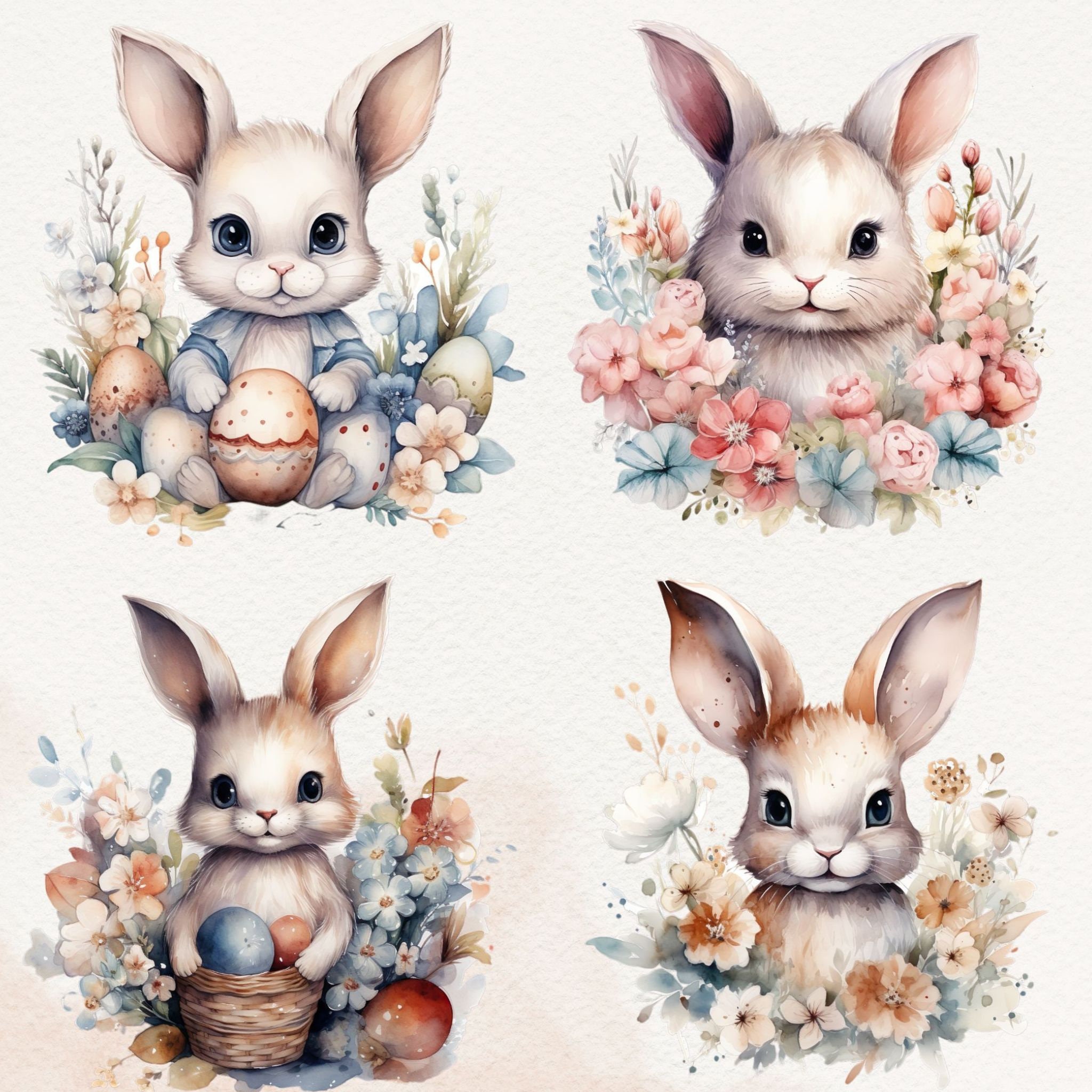 Cute Easter Bunny Clipart Bundle Floral Spring Holiday Easter Egg Hare ...