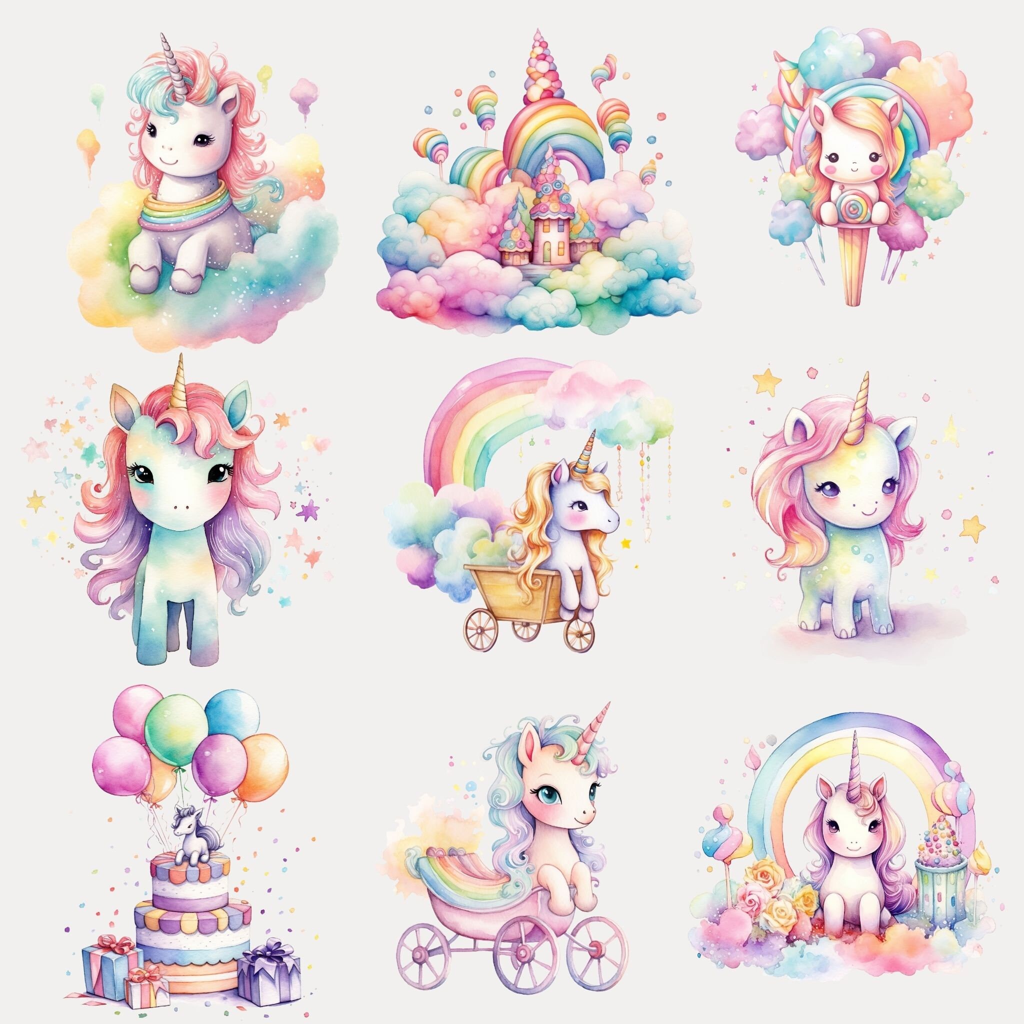 Watercolor Magical Unicorn 45 Clipart Bundle Cute Kawaii Unicorn Clip ...