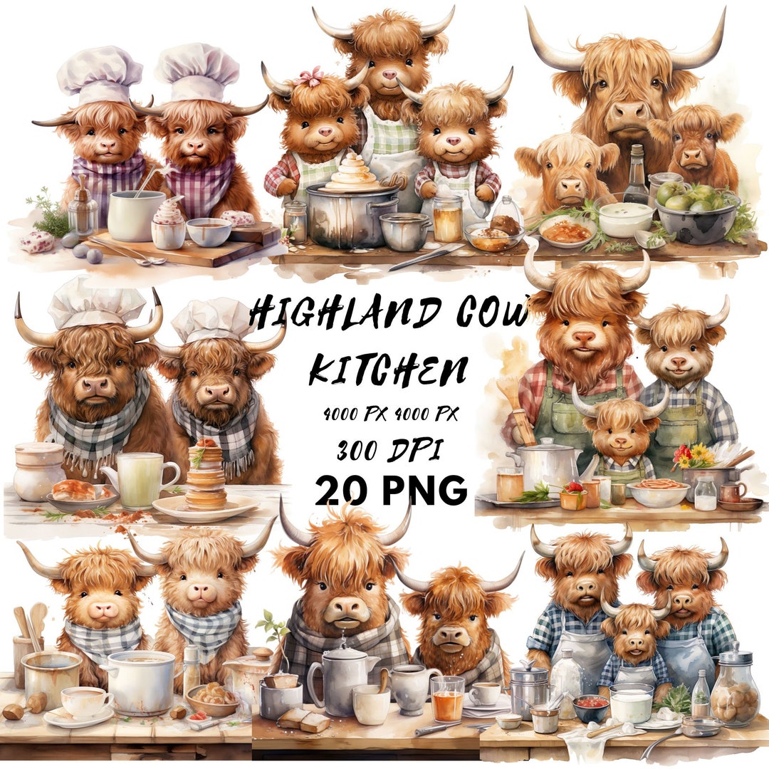 Watercolor Kitchen Highlandcow Family Chef Highland Coo Clipart Cute ...