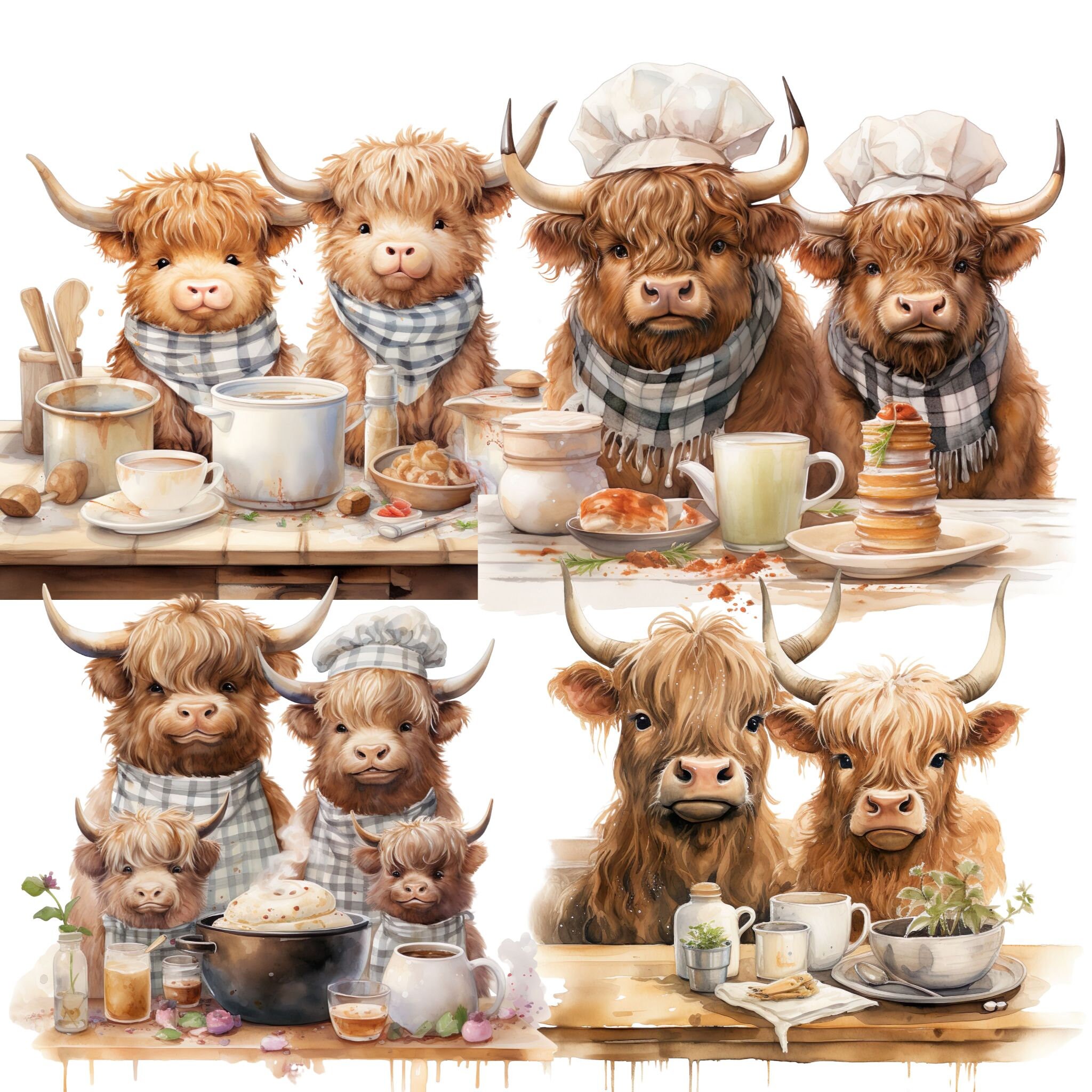 Watercolor Kitchen Highlandcow Family Chef Highland Coo Clipart Cute ...