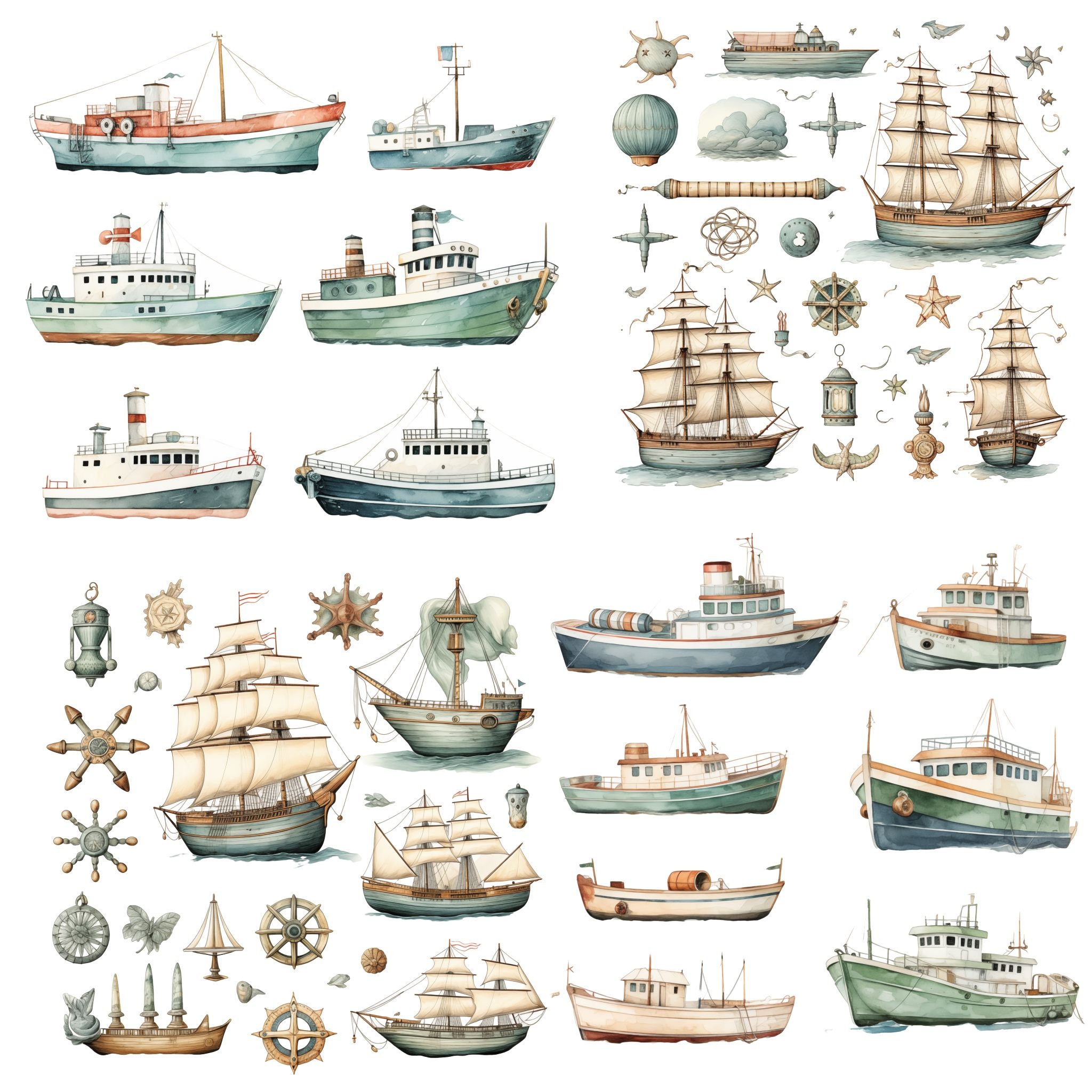 Vintage Nauticals Watercolor Clipart Whimsical Ocean Sea Life, Sailboat ...