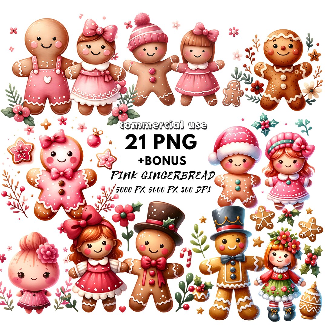 Pink Gingerbread Man Clipart: Holiday Cookie PNG (commercial Use) - Etsy