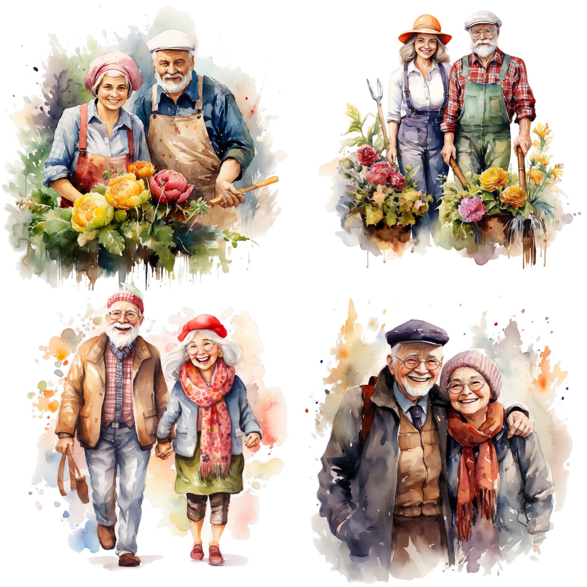 Aged Lover Couple Clipart Watercolor Old Couple Clipart Valentine Happy ...