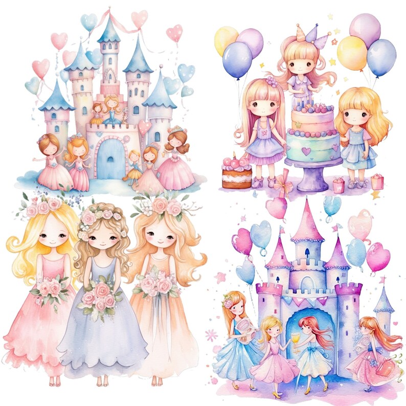 Watercolor Princess Magic Castle Clipart Bundle Pink Colored Cute ...