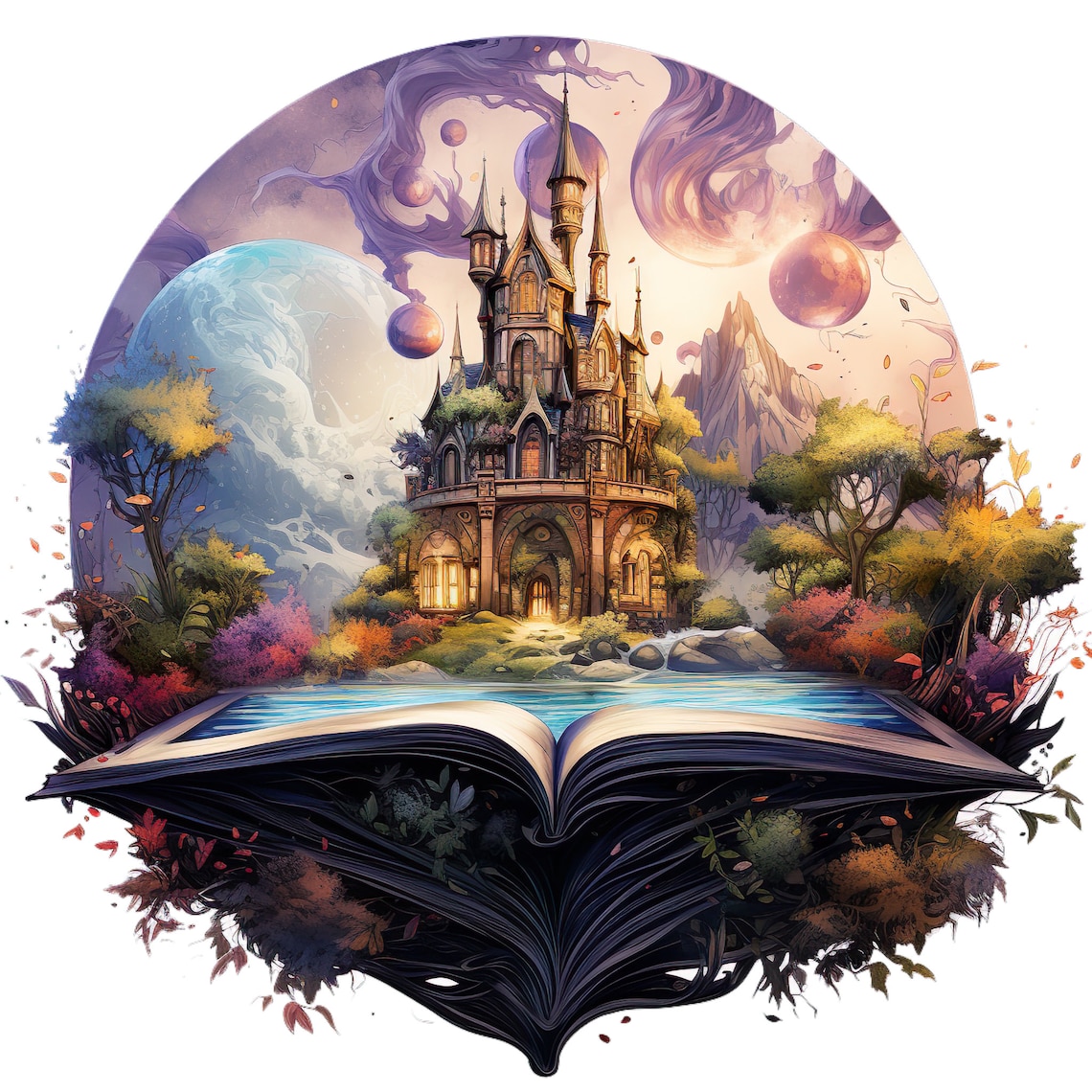 Booklover Fantasy World 13 Clipart Watercolor PNG Bookworm Life Books ...