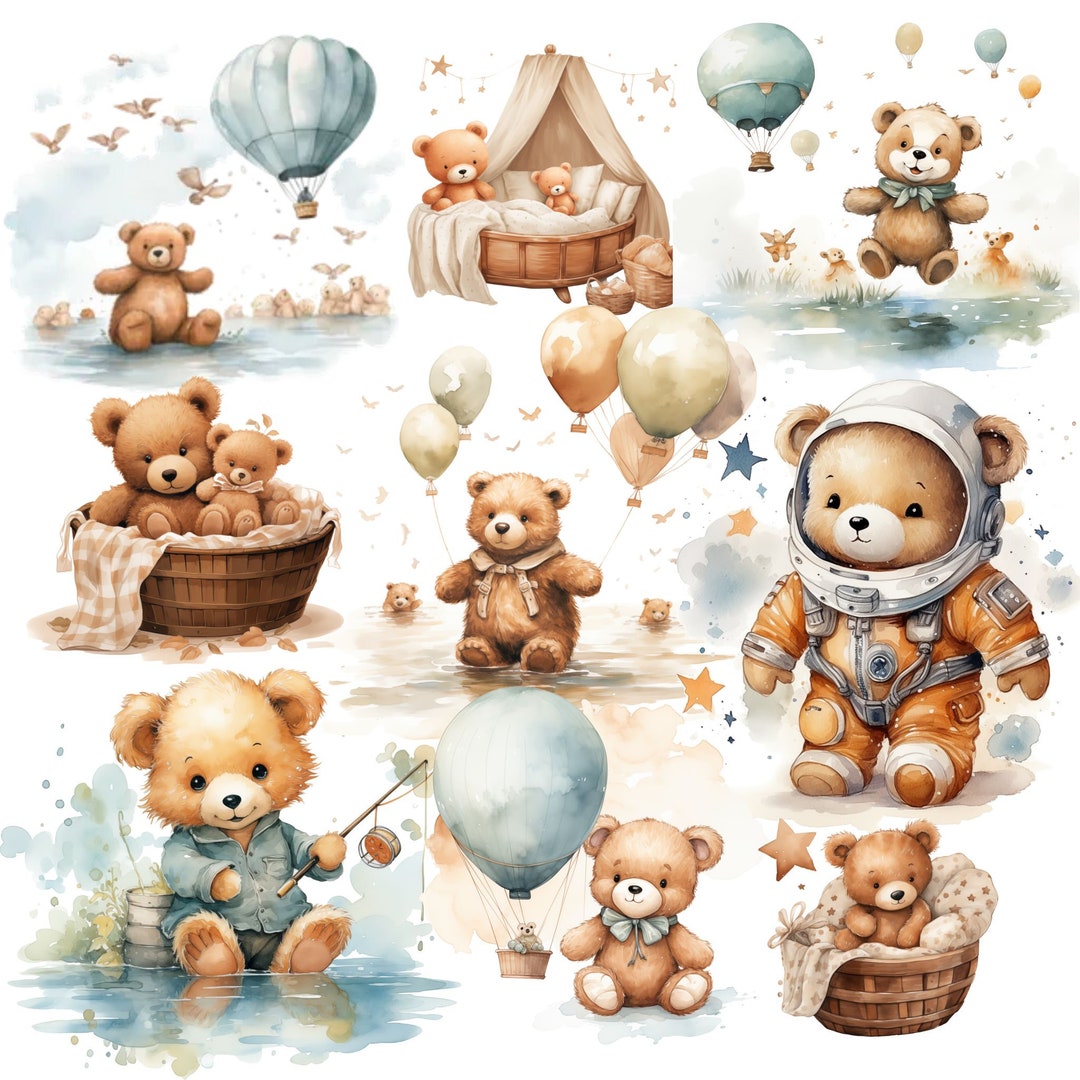 Watercolor Bear Clipart Bundle, Teddy Bears in Hot Air Balloons ...