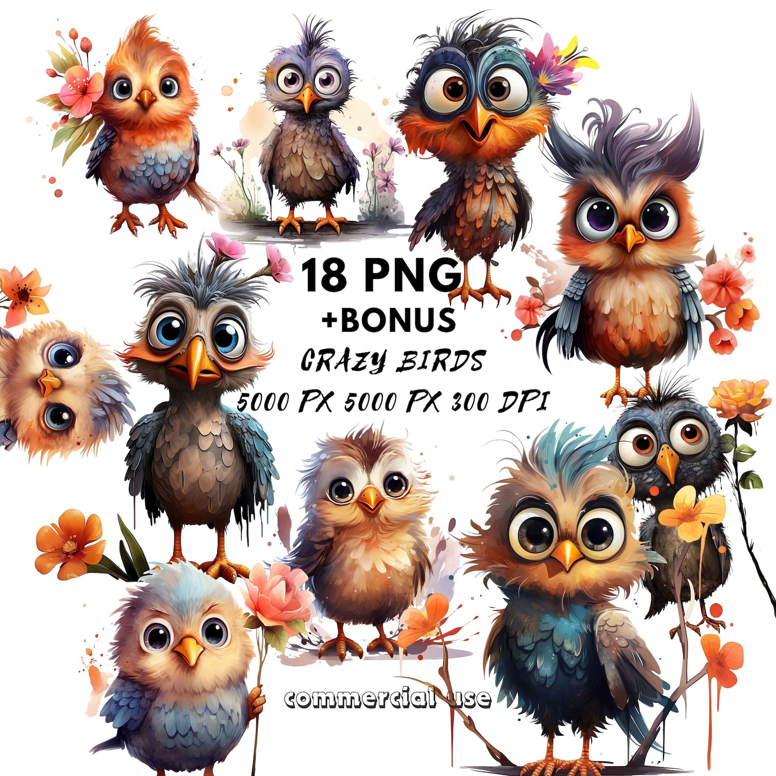 Funny Bird Clipart, Digital Download, Crazy Animal Flower Clip Art, 18 ...
