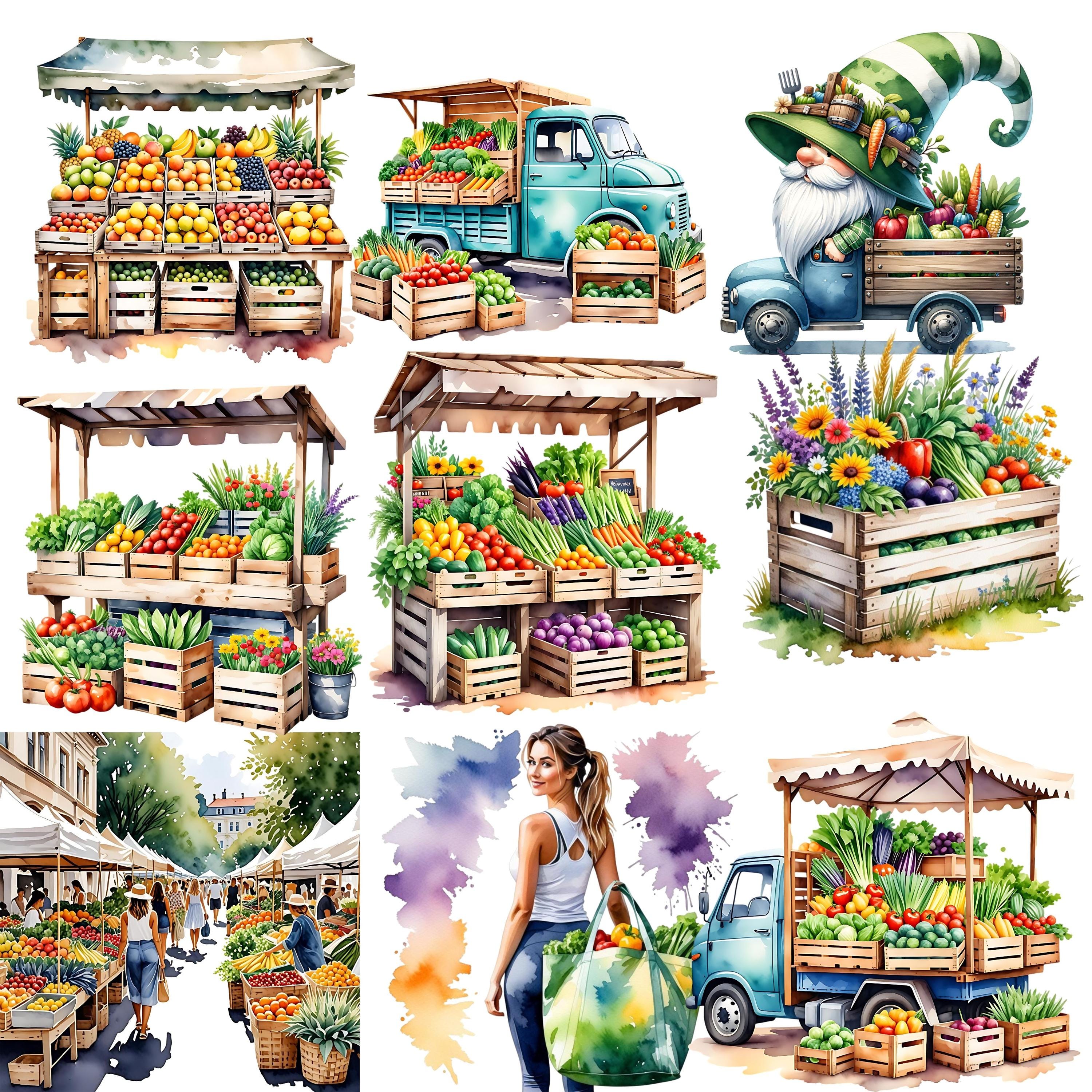 Farmers Market Clipart, Watercolor PNG, Digital Download for Crafting ...