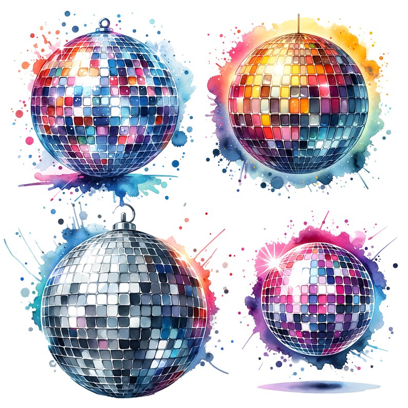 Watercolor Disco Ball Clipart: Retro Party PNG Graphics (digital ...