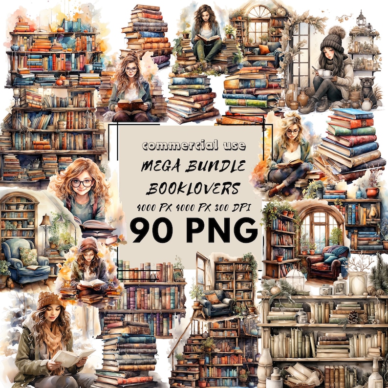 90 Books Clipart Bundle Watercolor Stack of Books Bookshelf Library ...
