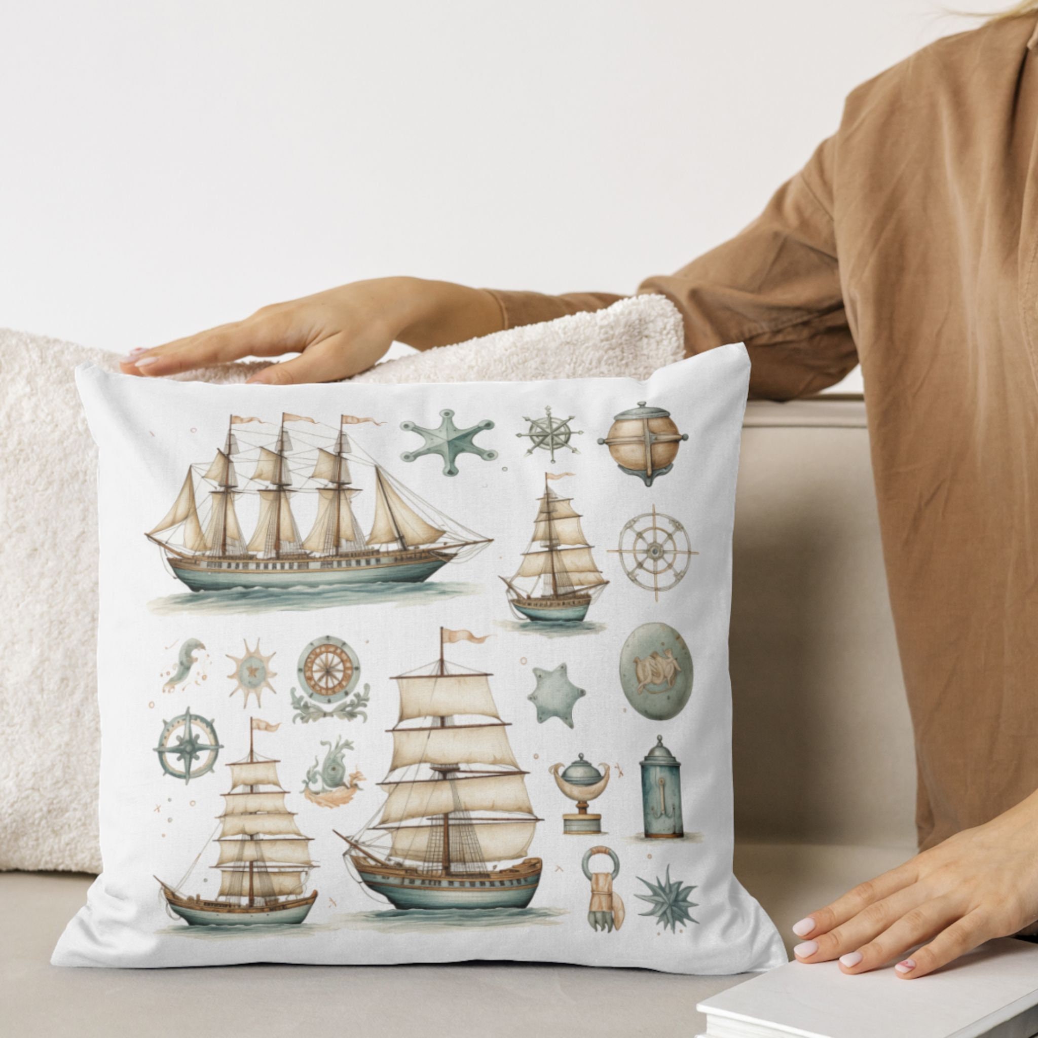 Vintage Nauticals Watercolor Clipart Whimsical Ocean Sea Life, Sailboat ...