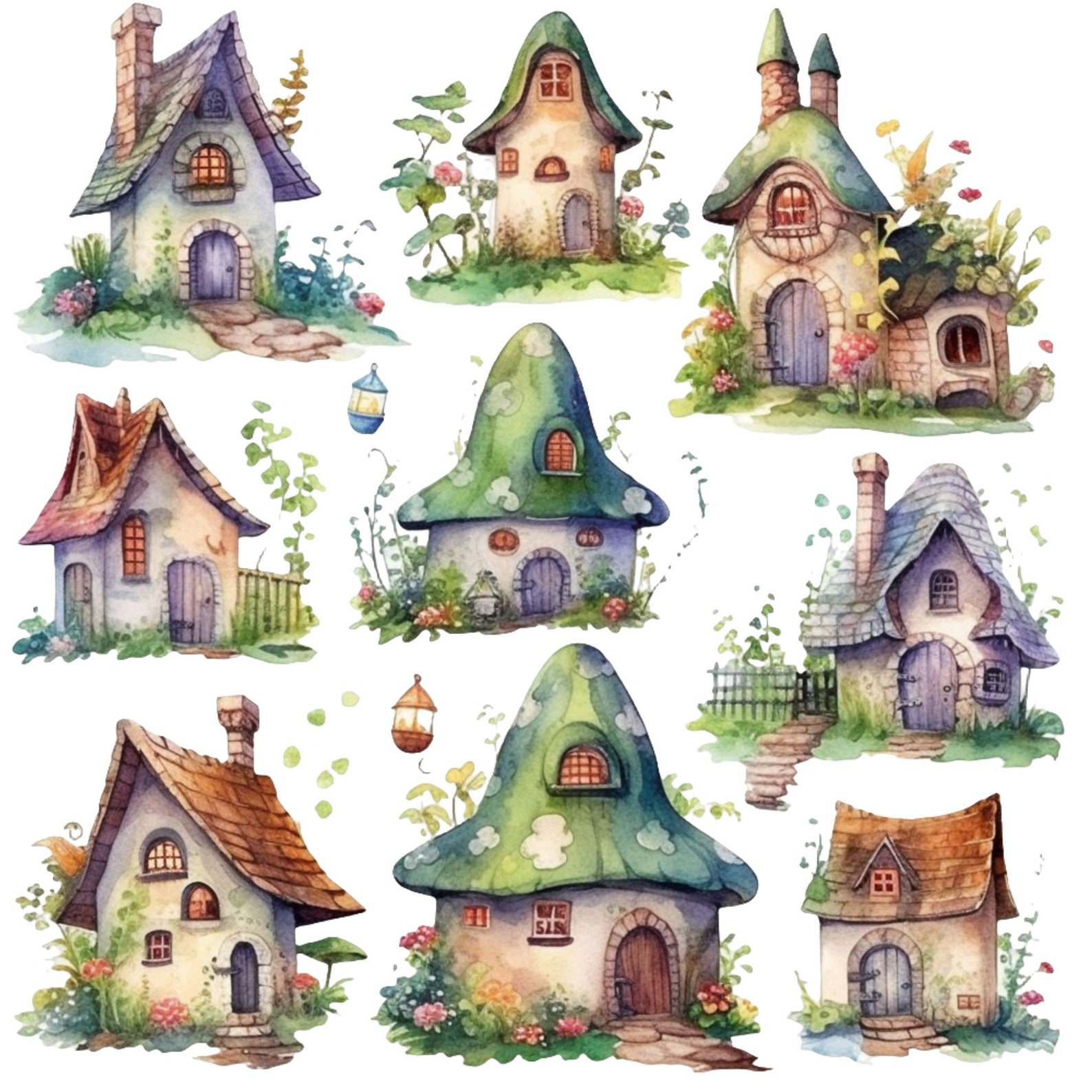 Fairy House Clipart Mushroom Garden Houses Watercolor Graphics PNG ...