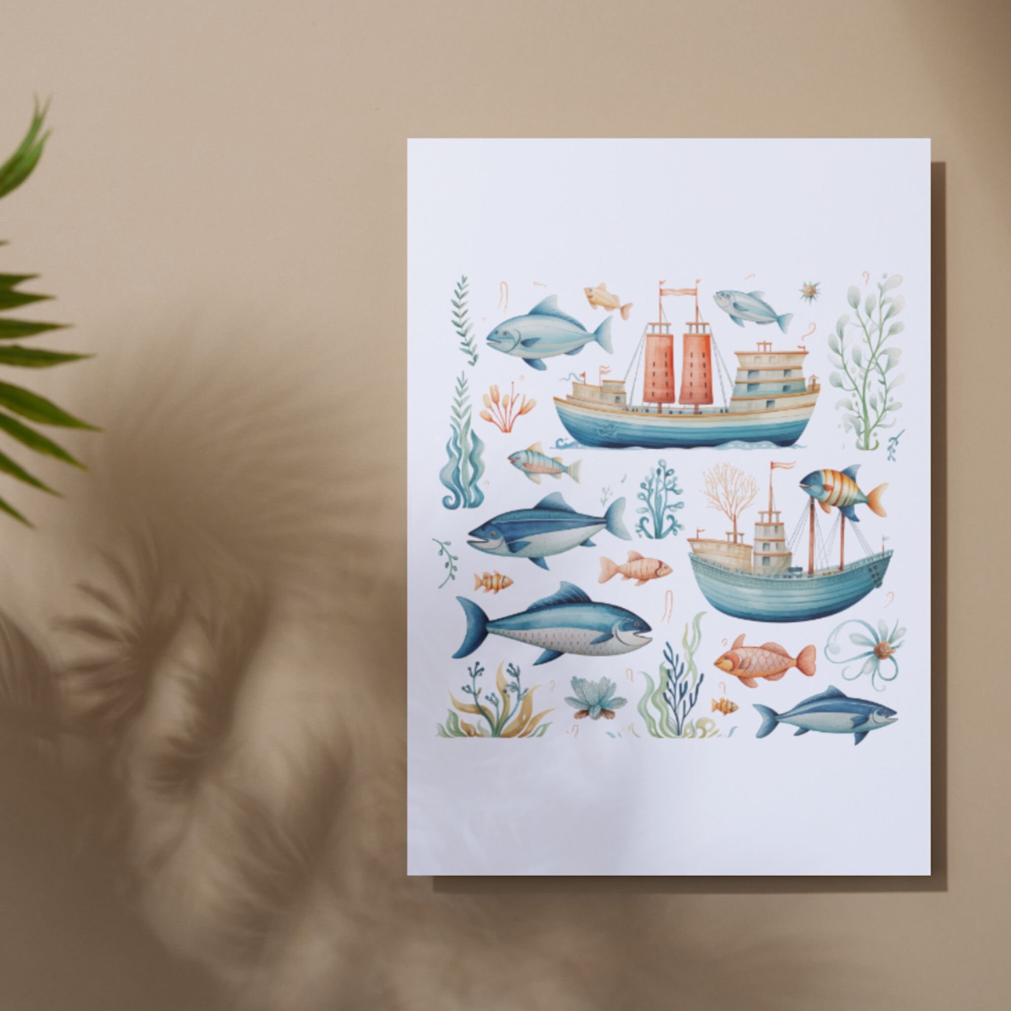 Vintage Nauticals Watercolor Clipart Whimsical Ocean Sea Life, Sailboat ...