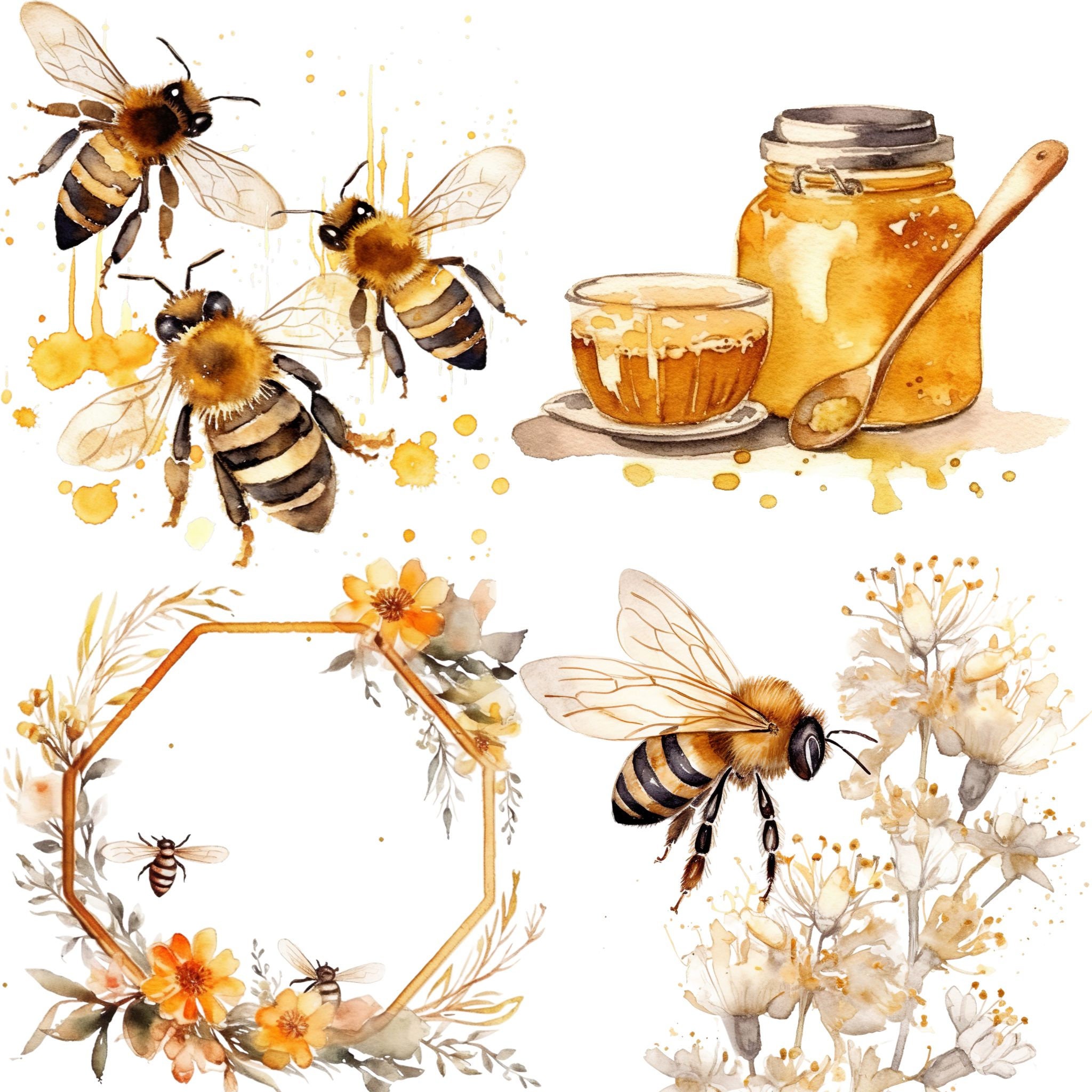 Honey Bee Clipart Watercolor Floral Bee PNG Bundle Beehive Honeycomb ...