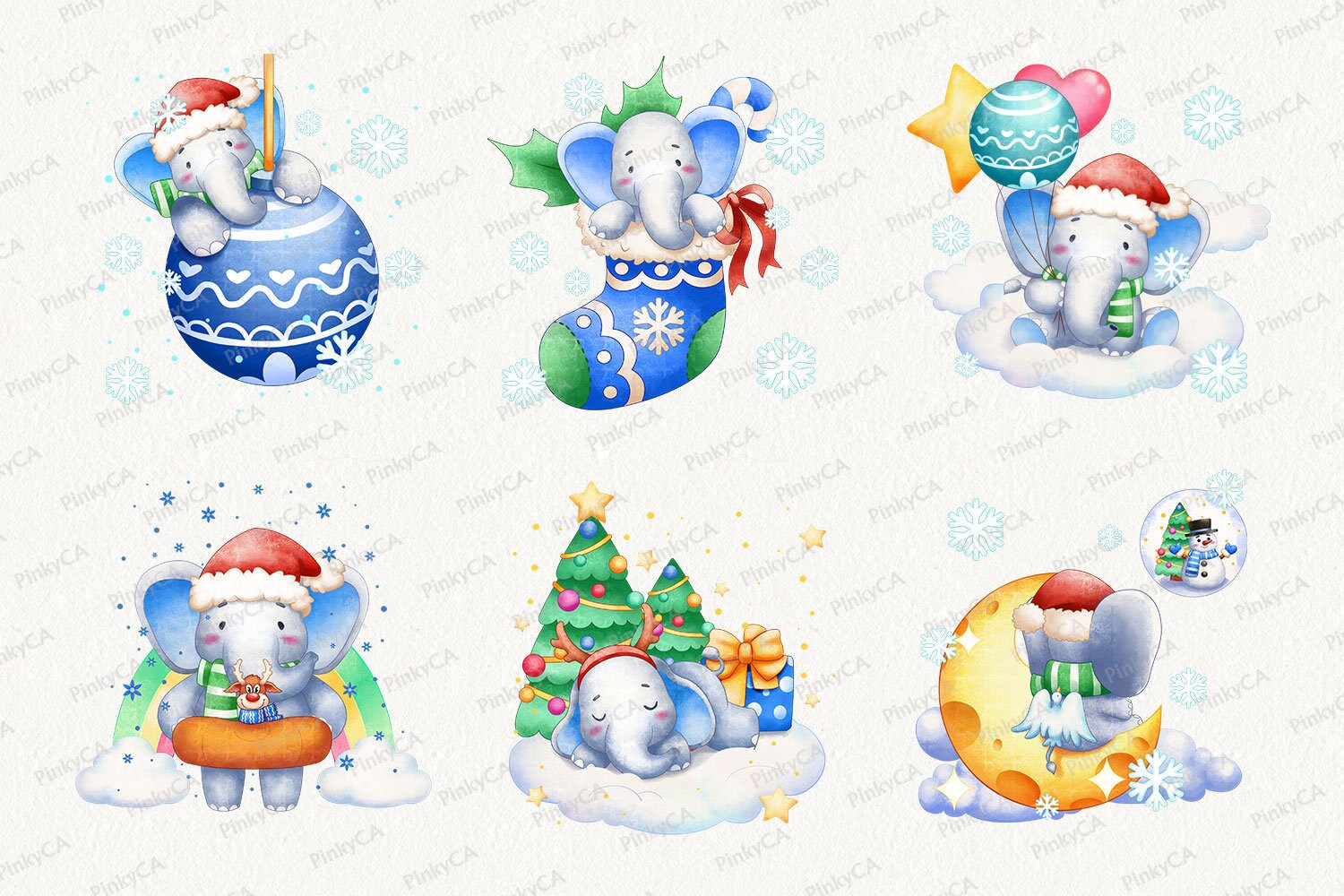 Baby Elephant Christmas Clipart PNG, Watercolor Blue Elephant Funny PNG ...
